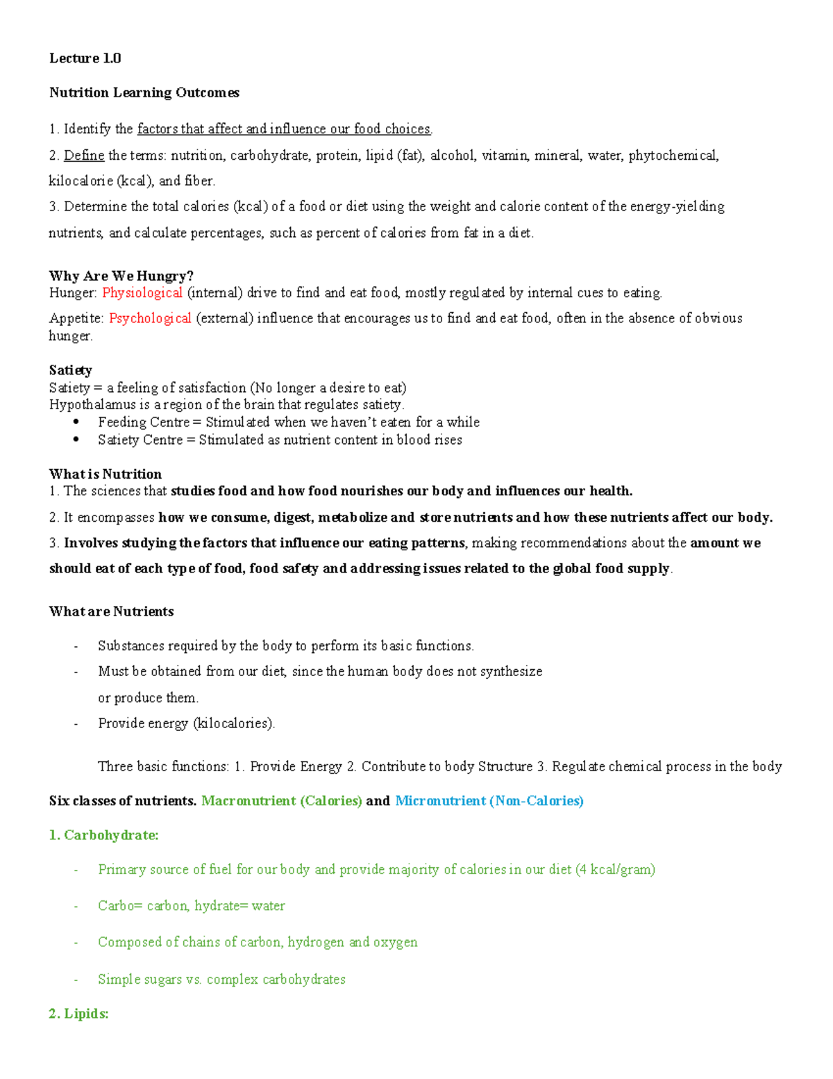 Nutrition - midterm notes - Lecture 1. Nutrition Learning Outcomes ...