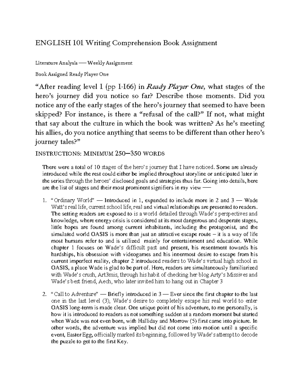 Ready Player 1 Weekly Book Assignment Analysis Part 1 - ENGLISH 101 ...