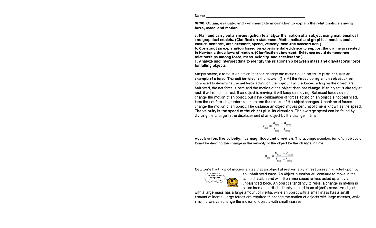 SPS8 Final Exam Notes: Force, Mass, and Motion Concepts Explained - Studocu