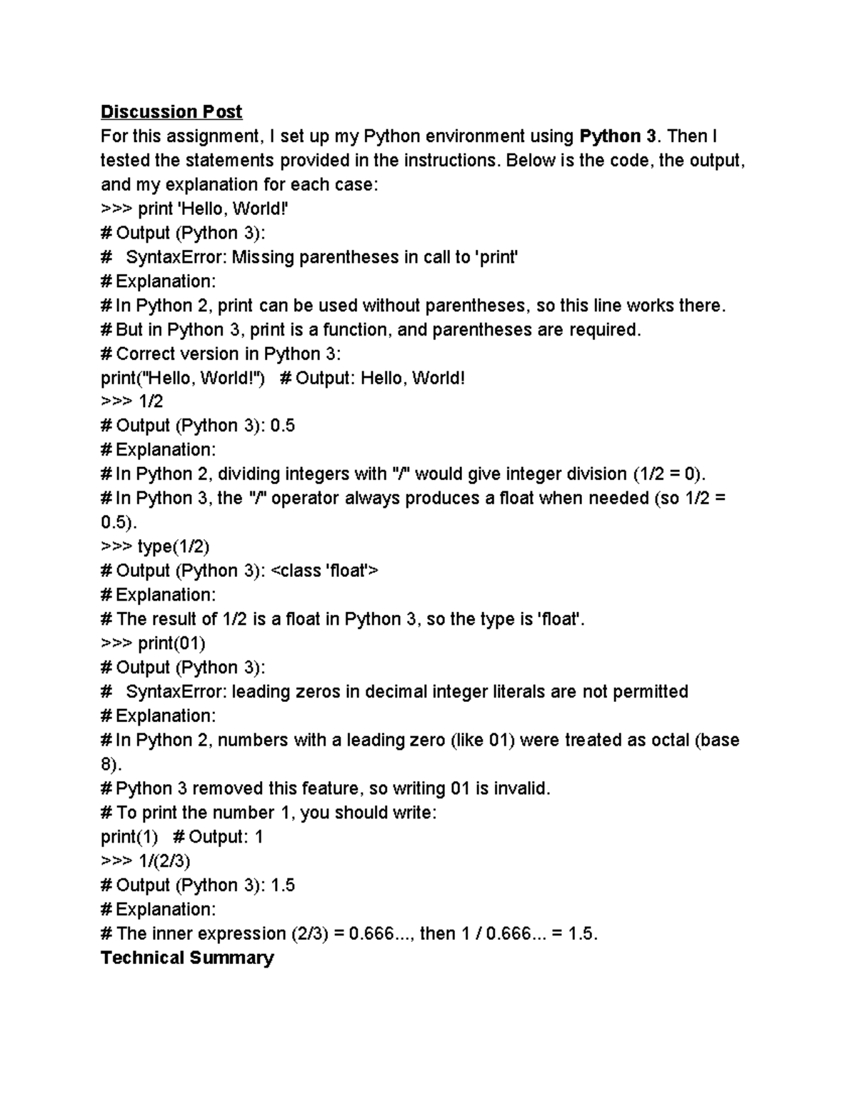 CS 1101 - Discussion Post: Python 3 Environment Setup and Errors - Studocu