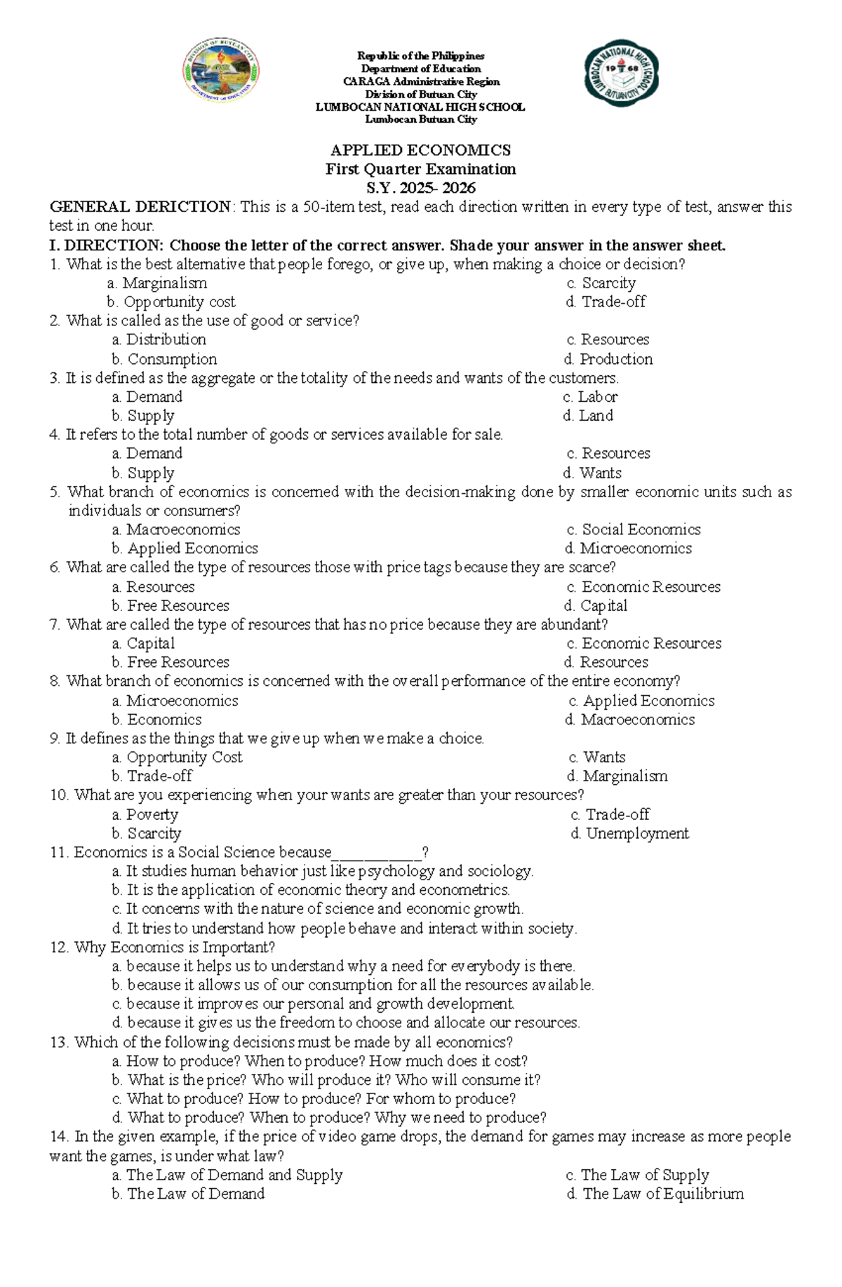APPLIED ECONOMICS (ECON 101) First Quarter Exam Review - Studocu