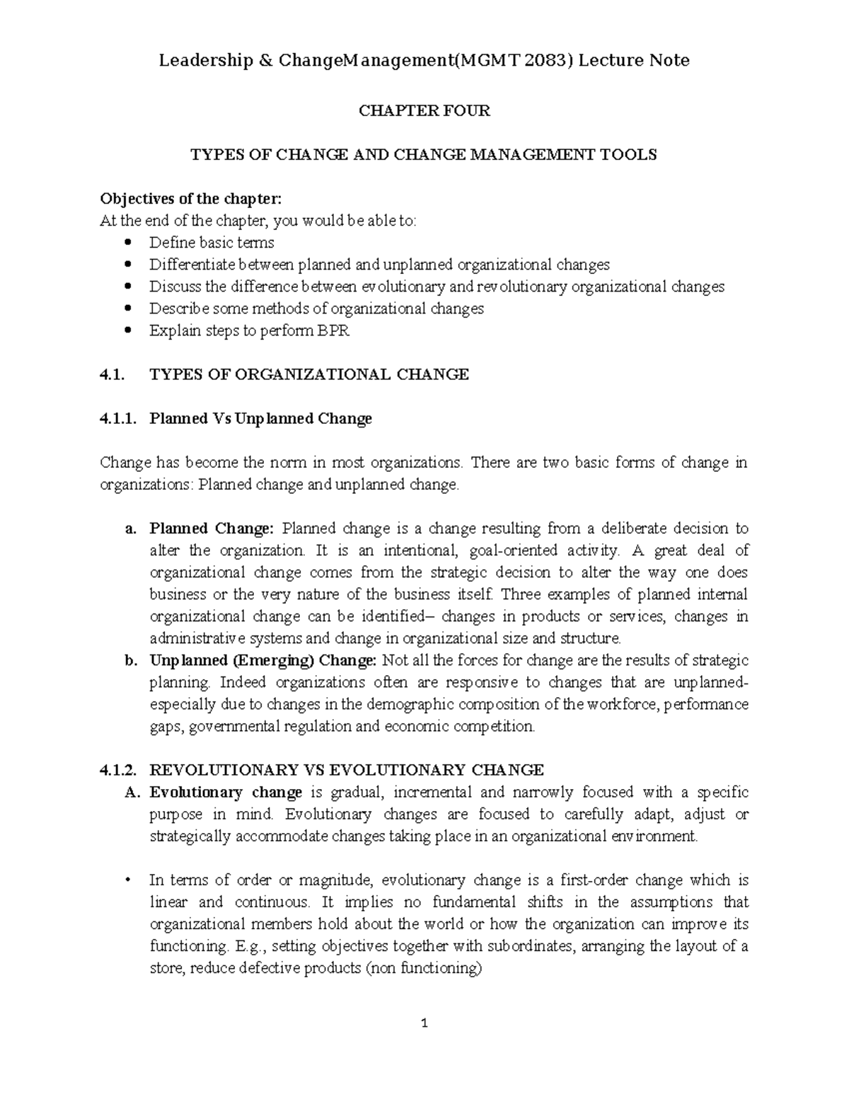 CH 4 leadership - Djktfvsjjjvc - CHAPTER FOUR TYPES OF CHANGE AND ...