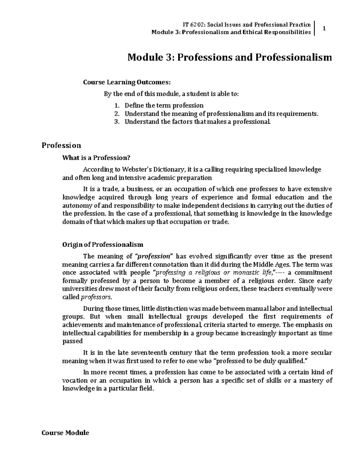 Module 3 - Professions and Professionalism - Module 3 : Professionalism ...
