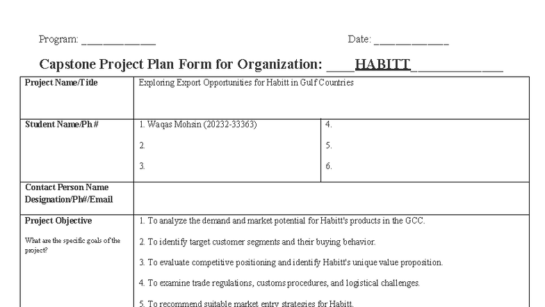 Capstone Project Plan: Export Strategies for Habitt in GCC - Studocu
