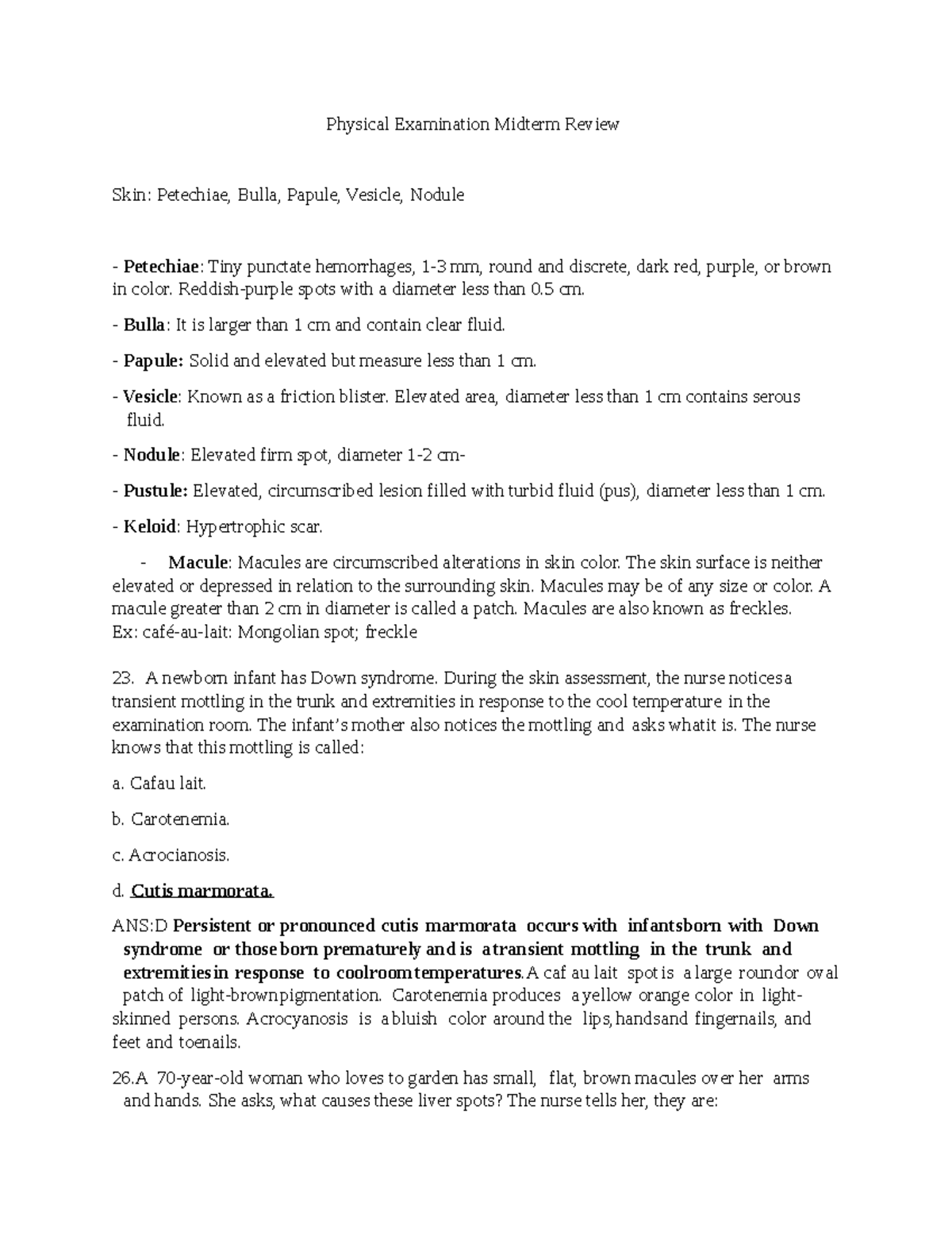 Physical Examination Midterm Review - Reddish-purple spots with a ...