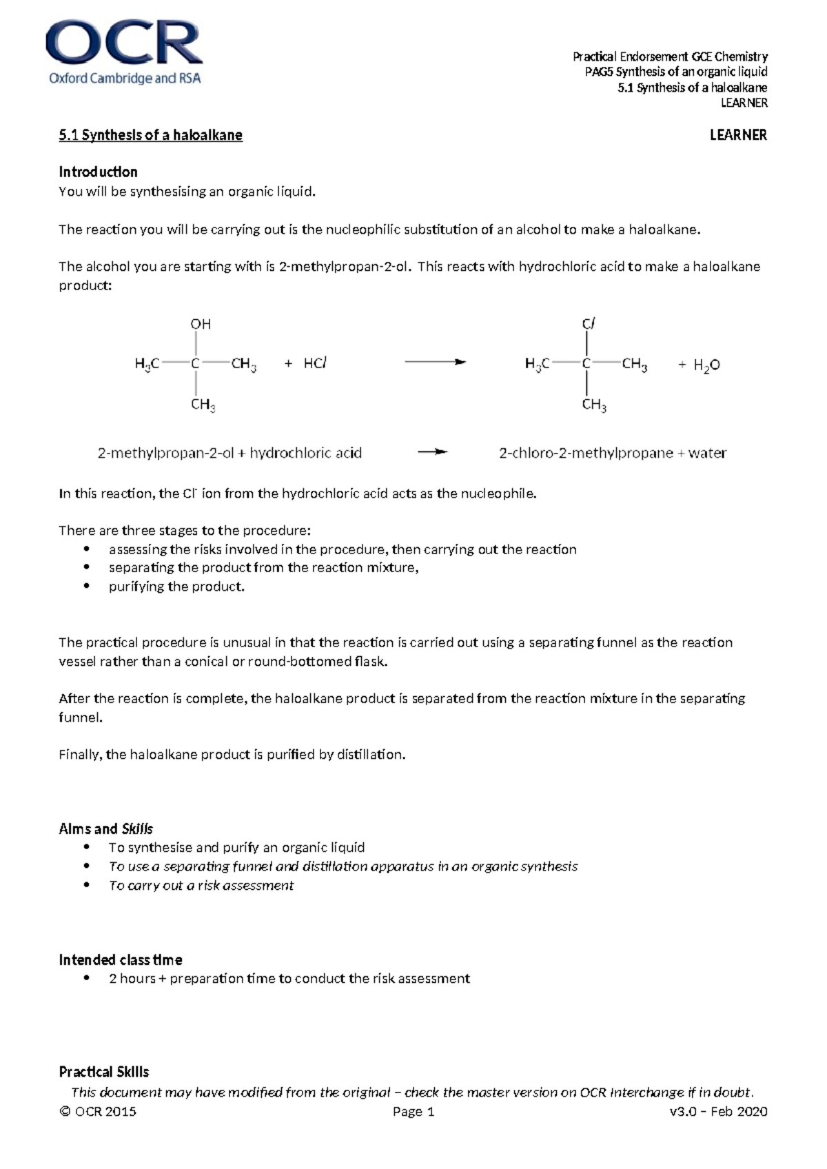 Chemistry PAG 5.1 Final Exam: Synthesis of Haloalkanes Experiment - Studocu