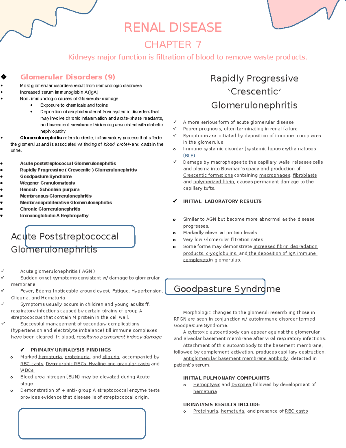 CLIN MIC CHAP 7 Notes - RENAL DISEASE CHAPTER 7 Kidneys major function ...