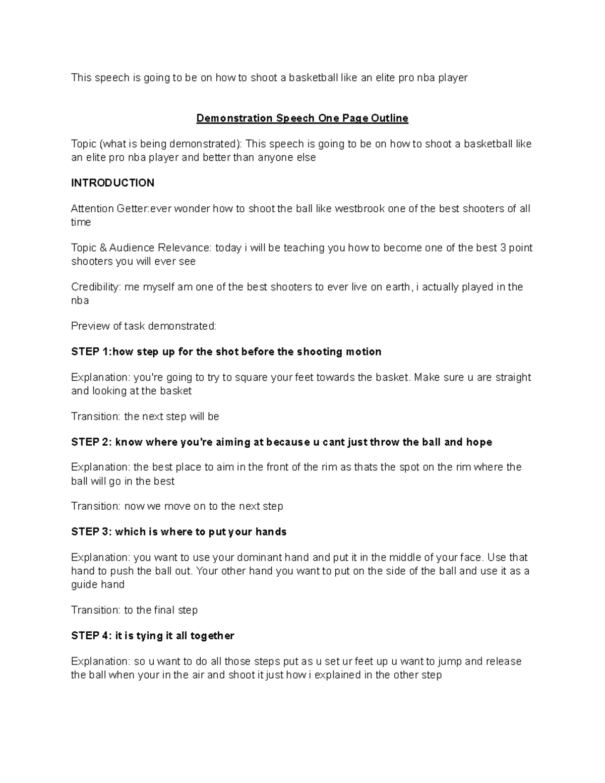 Demonstration Speech Outline: How to Shoot Like an NBA Pro - Studocu