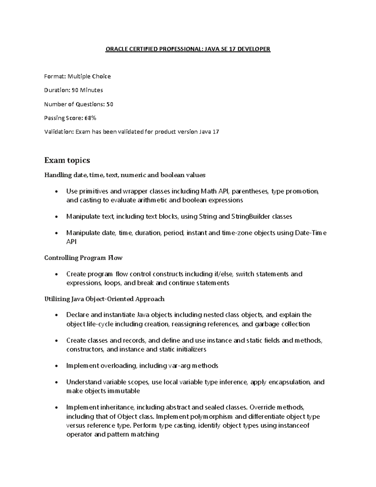 Oracle Certified Professional: JAVA SE 17 Developer Exam Syllabus - Studocu