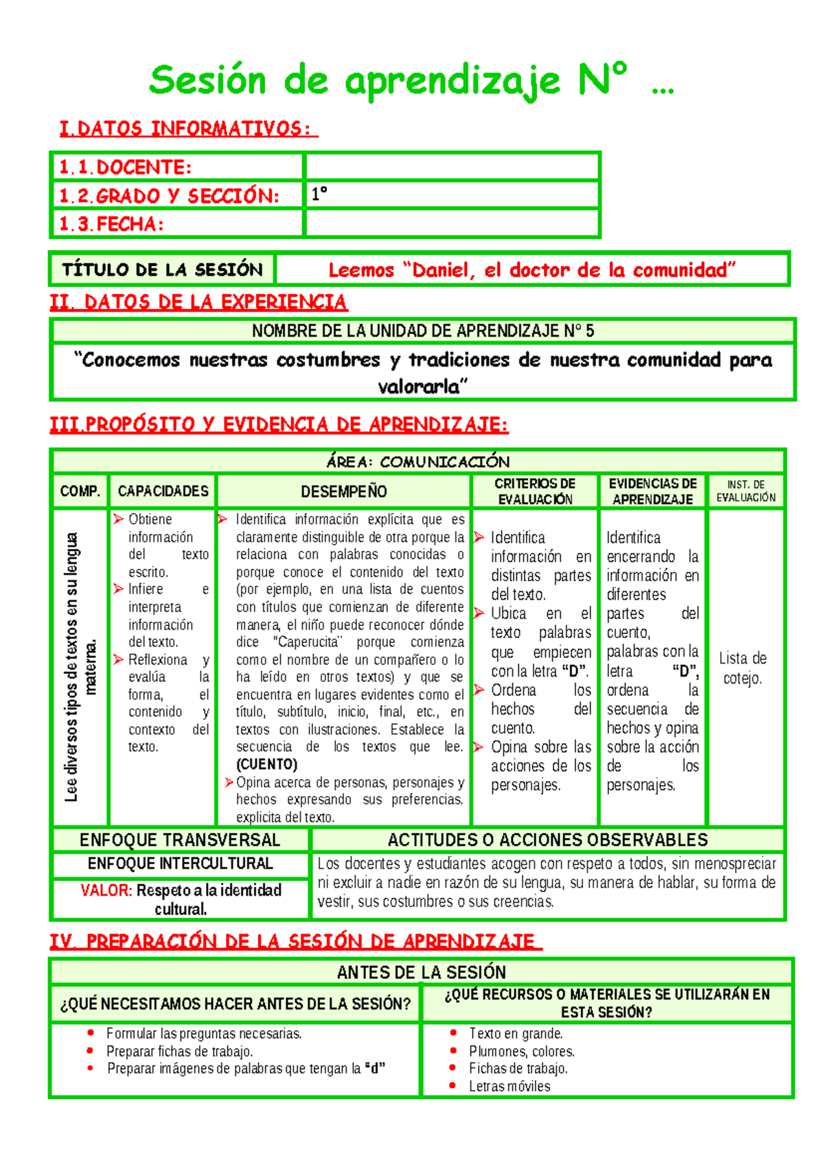 Leemos un Cuento: Letra D - Sesión de Aprendizaje I. - Studocu