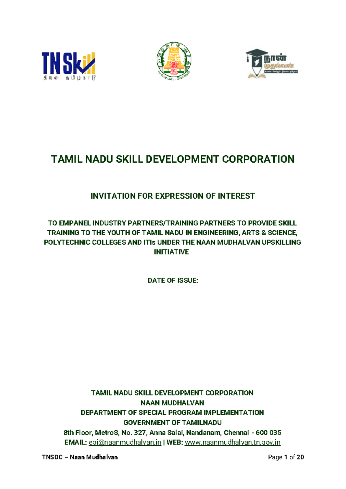 TNSDC EoI for Industry Partners: Skill Training in Engineering & Arts ...