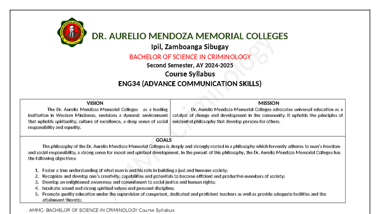 BS Crim ENG34: Advance Communication Skills Course Syllabus - Studocu