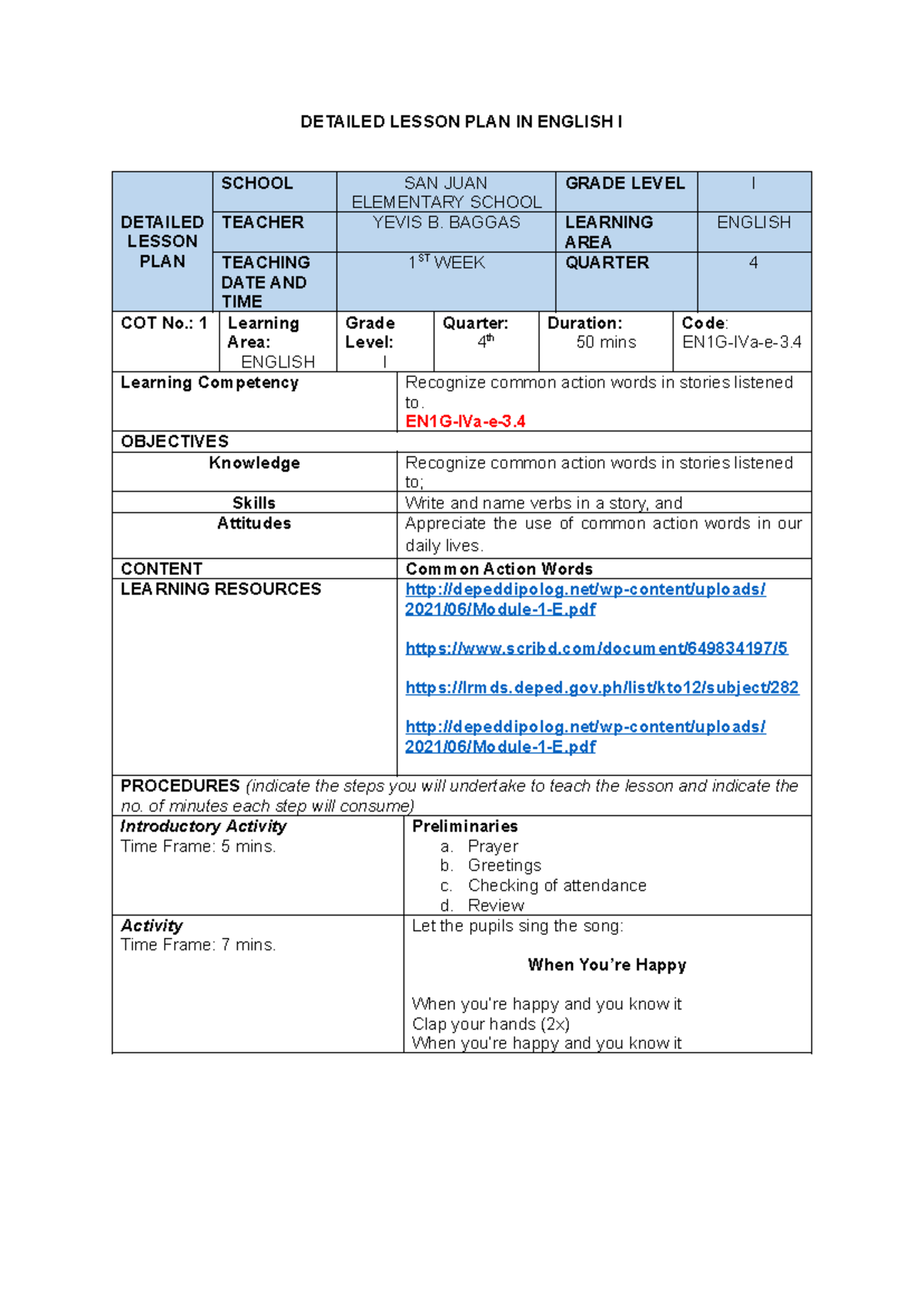 Detailed Lesson Plan for English I: Recognizing Action Words (EN1G-IVa ...