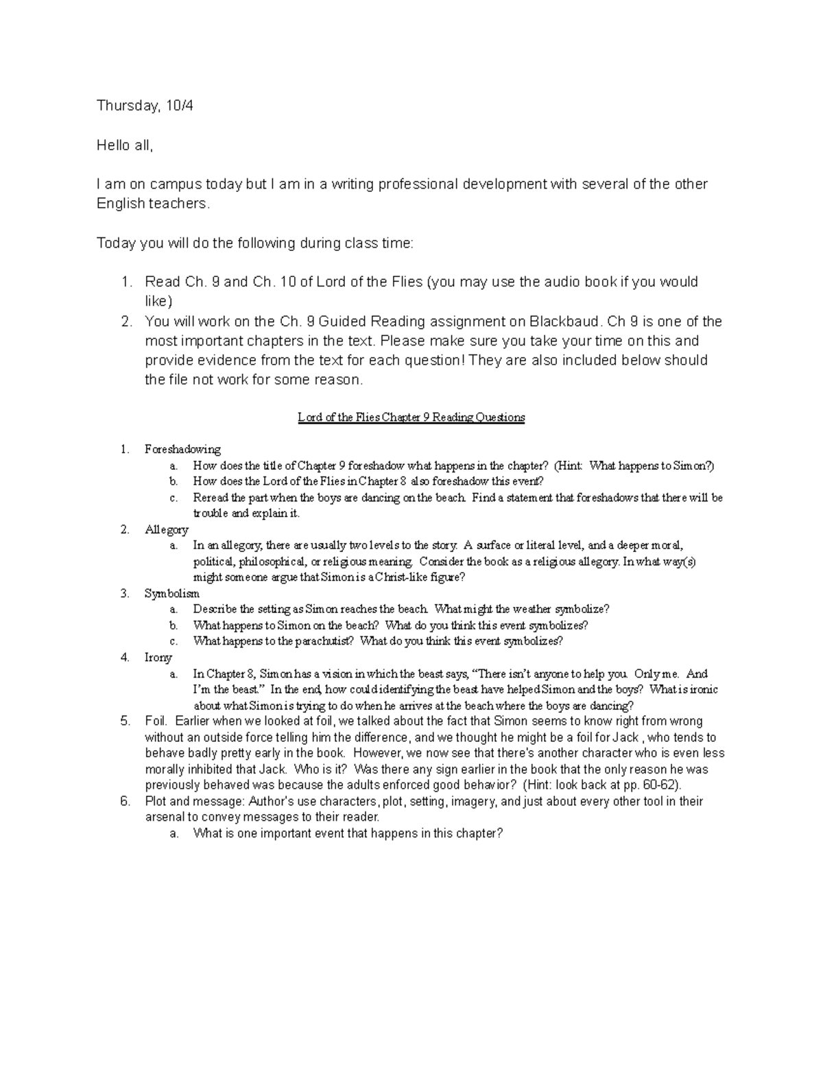 ENG 10: Guided Reading Questions for Ch. 9 & 10 of Lord of the Flies ...
