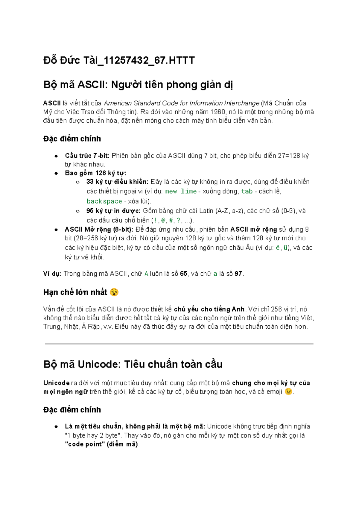 ASCII và Unicode: Khám Phá Mã Ký Tự Toàn Cầu - Studocu