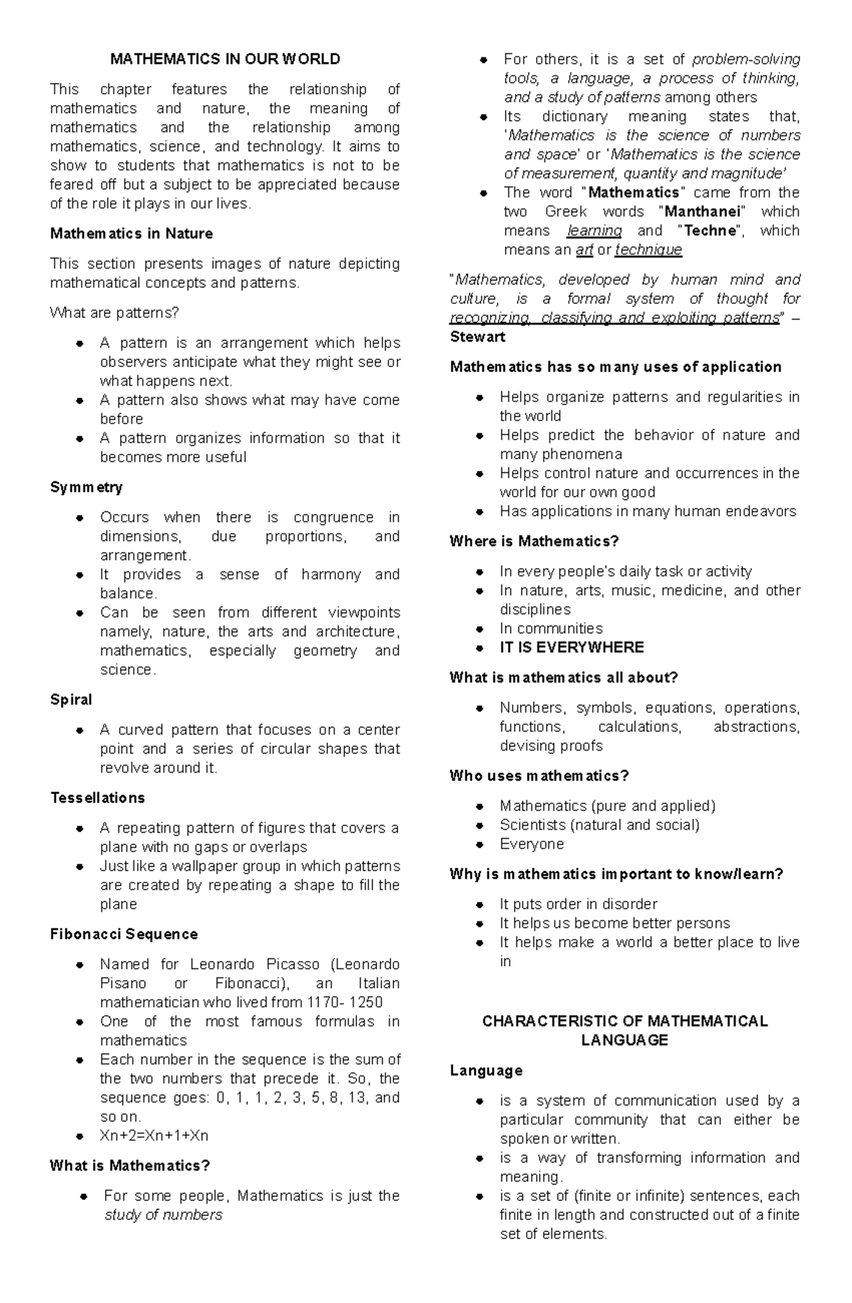 MATHEMATICS IN OUR WORLD: MMW Chapter Overview and Key Concepts - Studocu