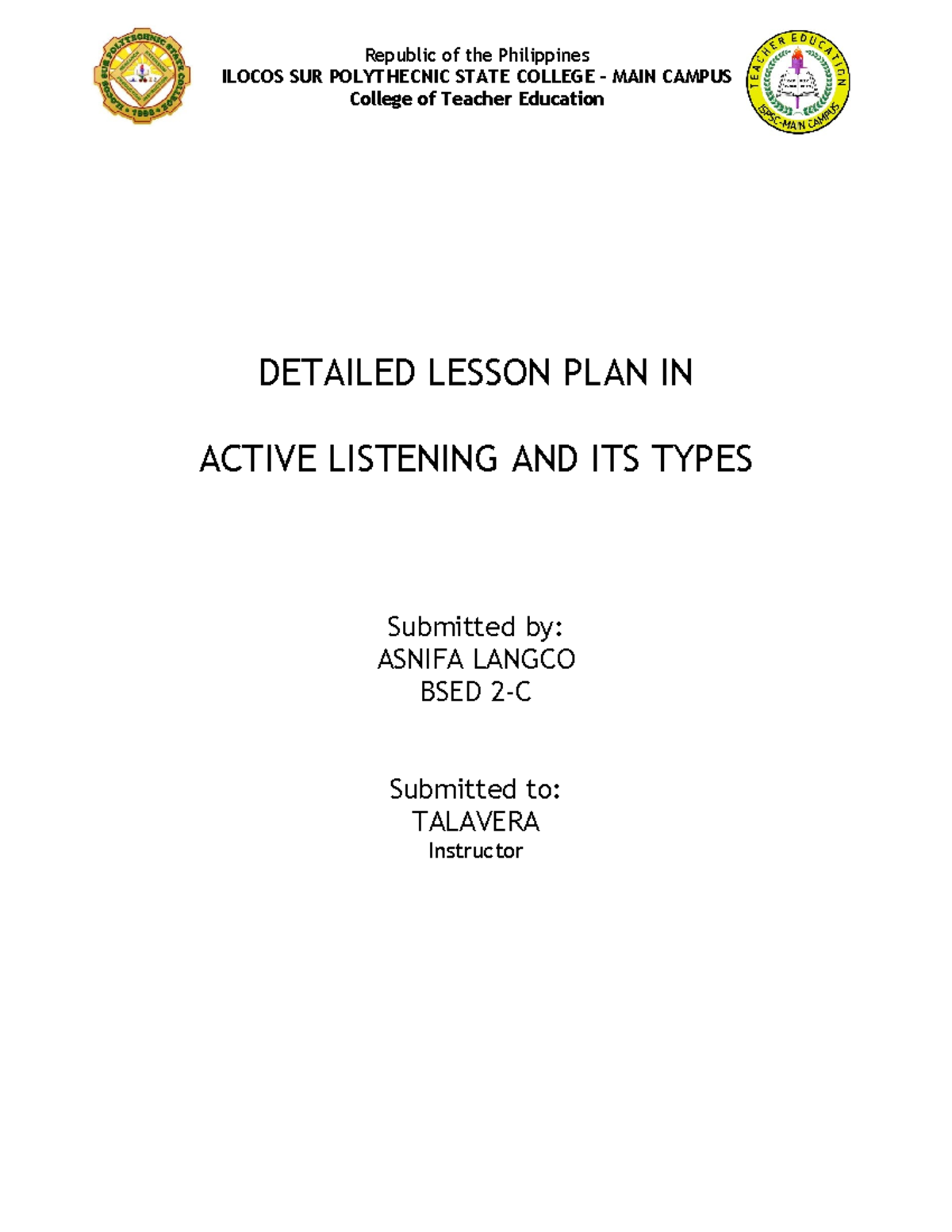 Detailed Lesson Plan: Active Listening and Its Types (BSED 2-C) - Studocu