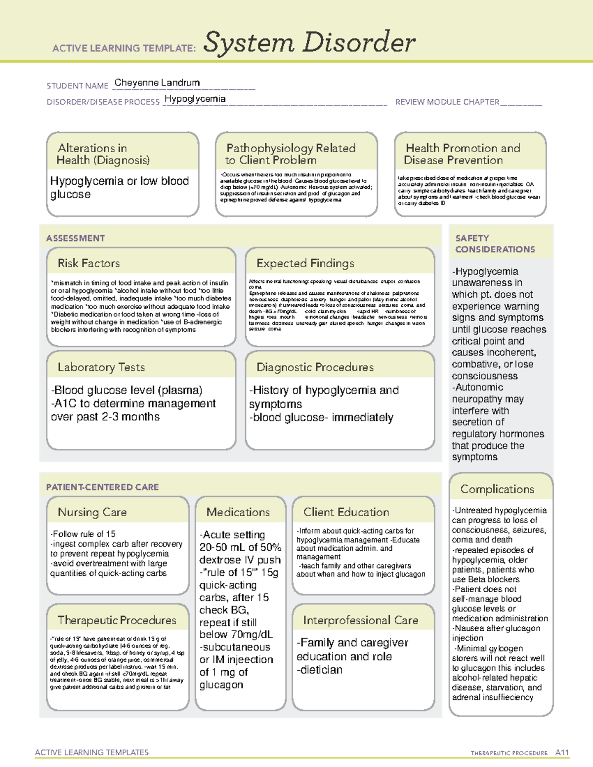 Active Learning Template: System Disorder Hypoglycemia (A11) - Studocu