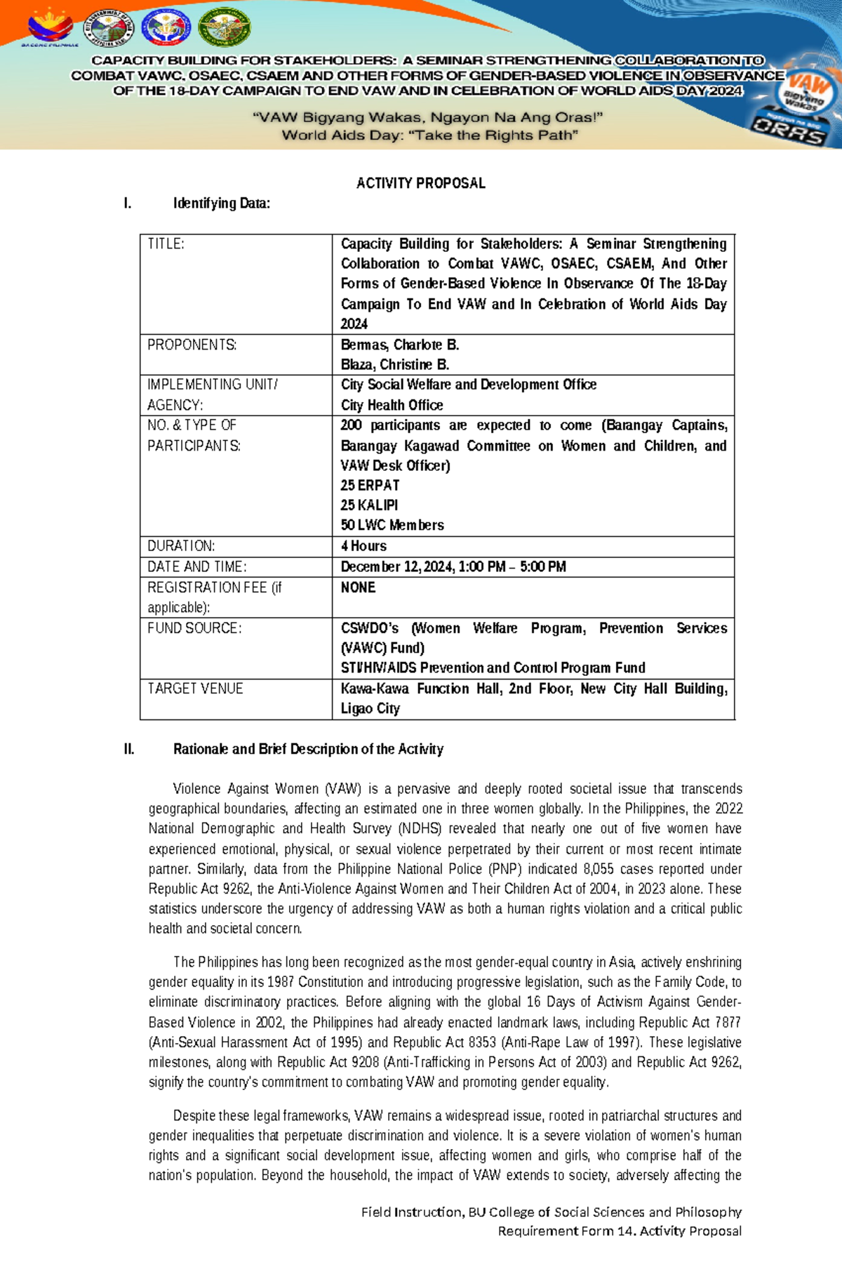 Activity Proposal for Capacity Building Seminar on VAW & GBV (2024 ...