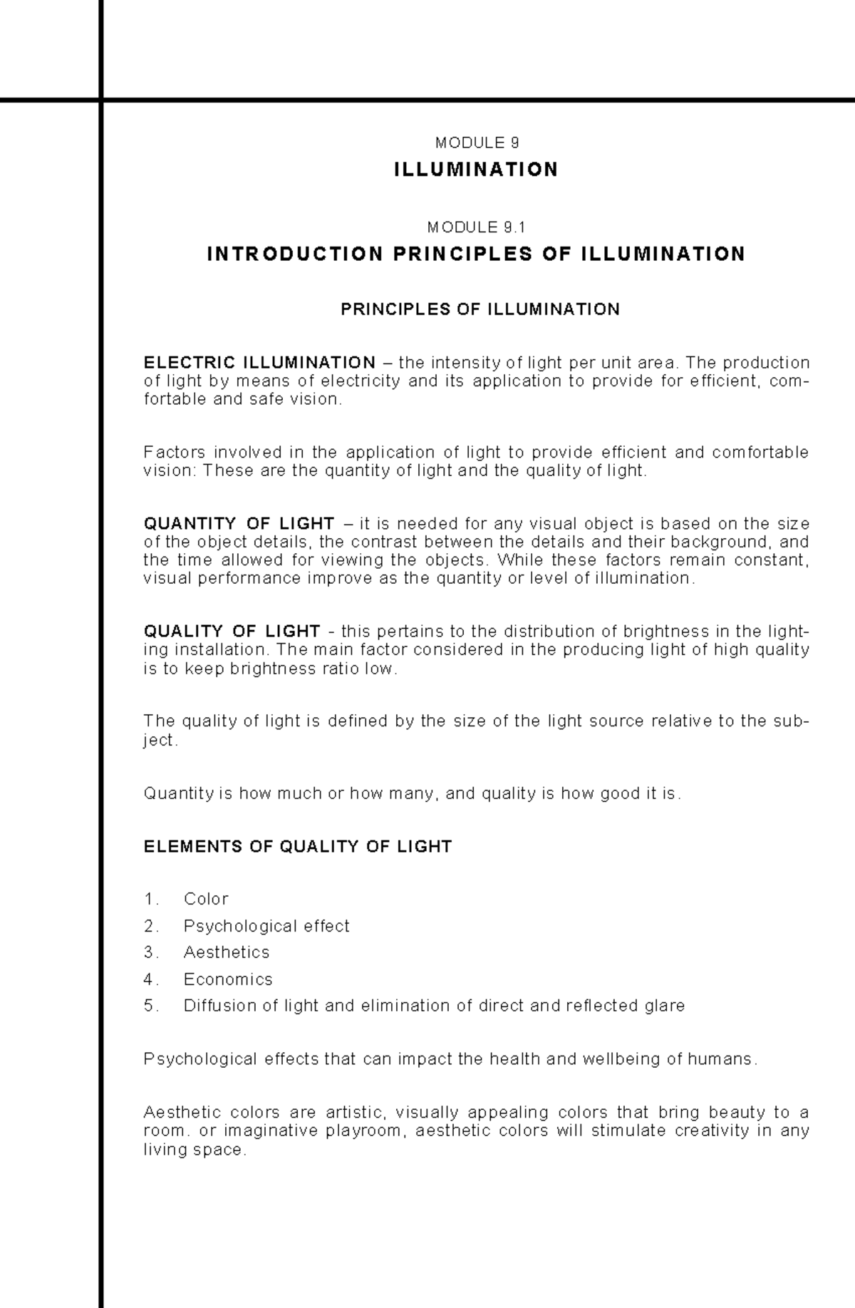 LECTURE NOTES ON ILLUMINATION (EU1) - MODULE 9 - Studocu