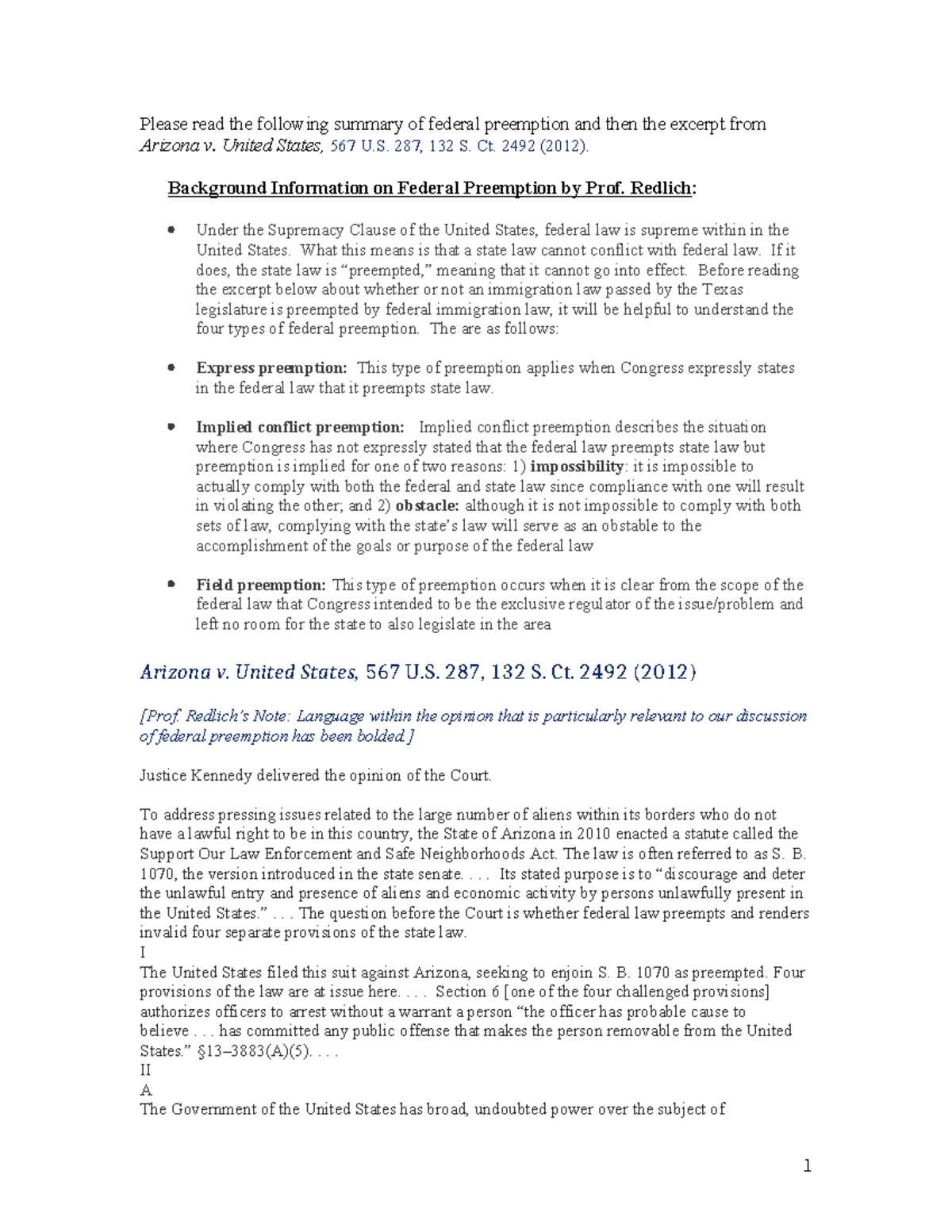 Federal Preemption Analysis: Arizona v. United States (2012) - Studocu