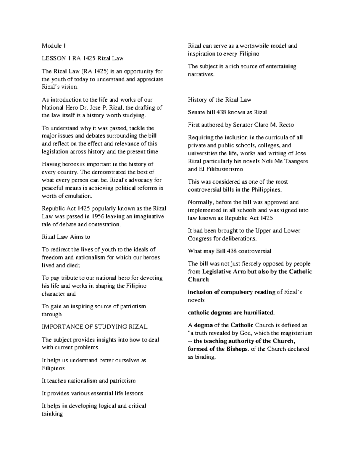 Module 1 Lesson on RA 1425: Understanding the Rizal Law - Studocu