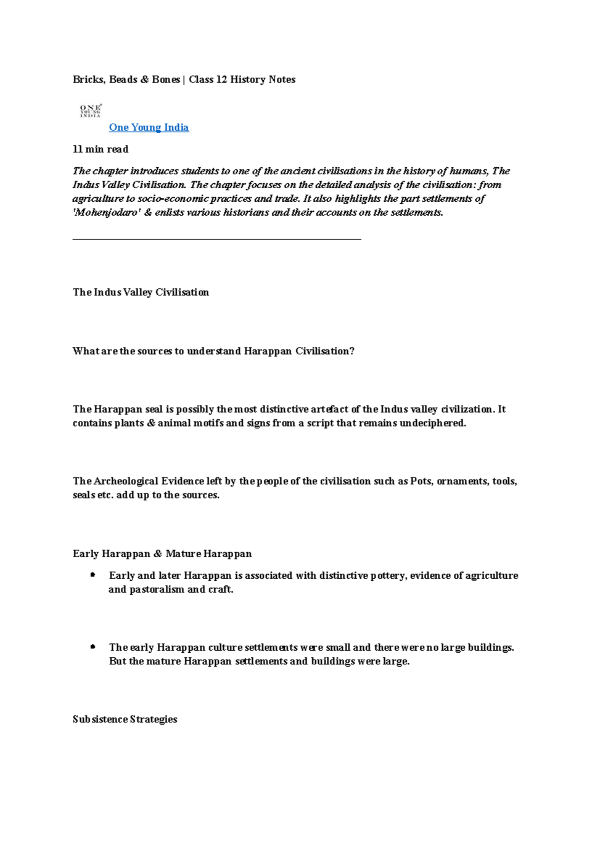 Class 12 History Notes: Bricks, Beads, and Bones - One Young India ...