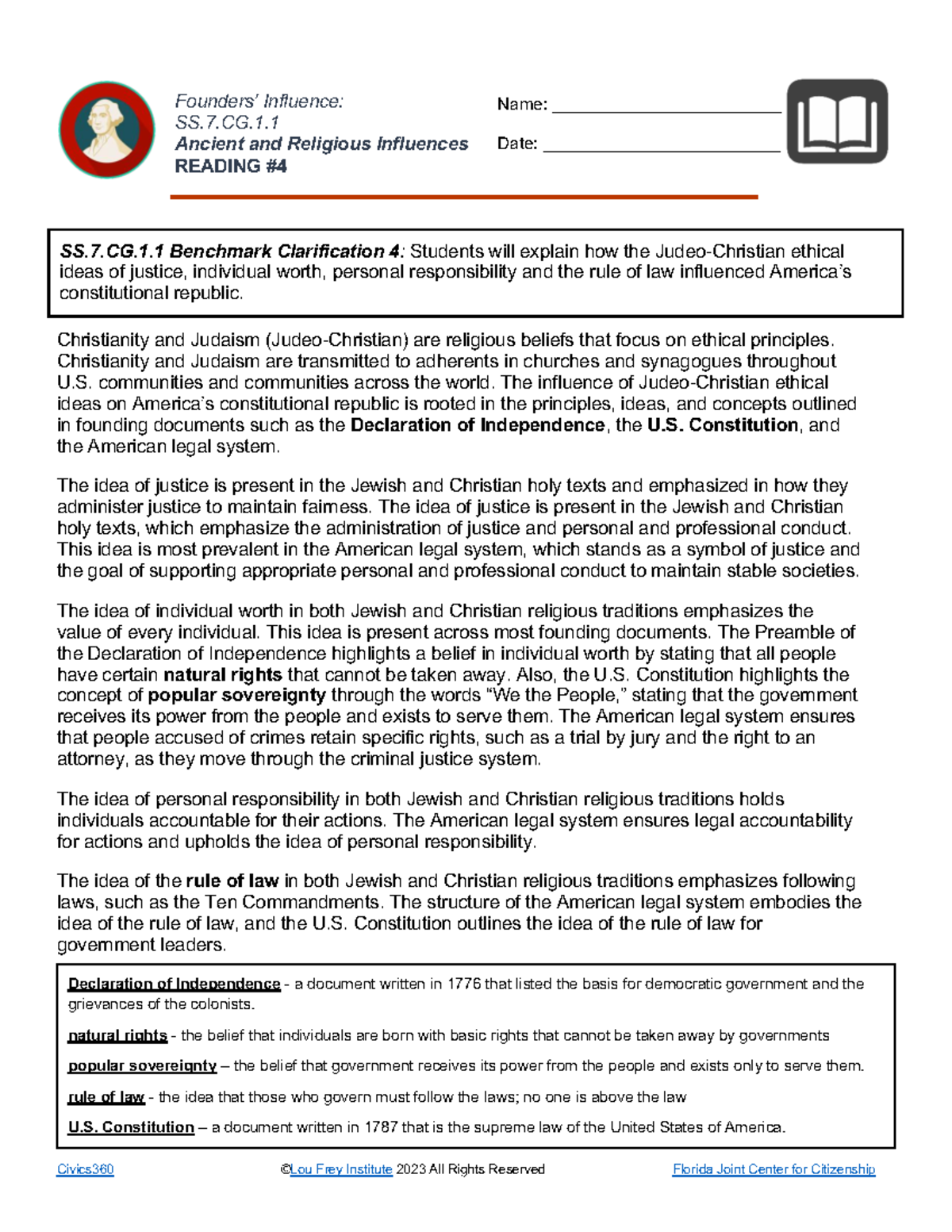 Judeo-Christian Ethical Ideas' Impact on U.S. Constitution (SS.7.CG.1.1 ...