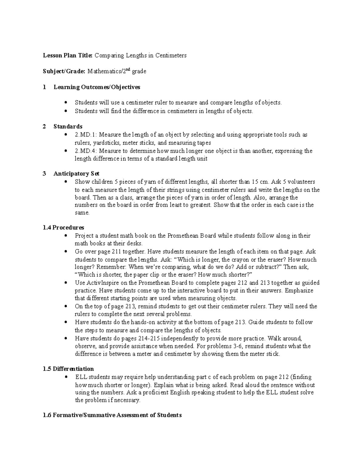 306994647 Math Lesson Plan: Comparing Lengths & Measurement in cm - Studocu