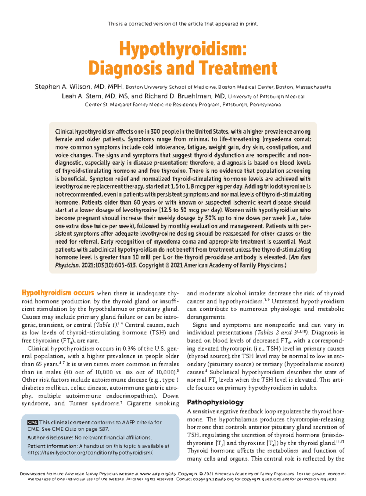 Hypothyroidism: Diagnosis and Treatment - AAFP - Studocu