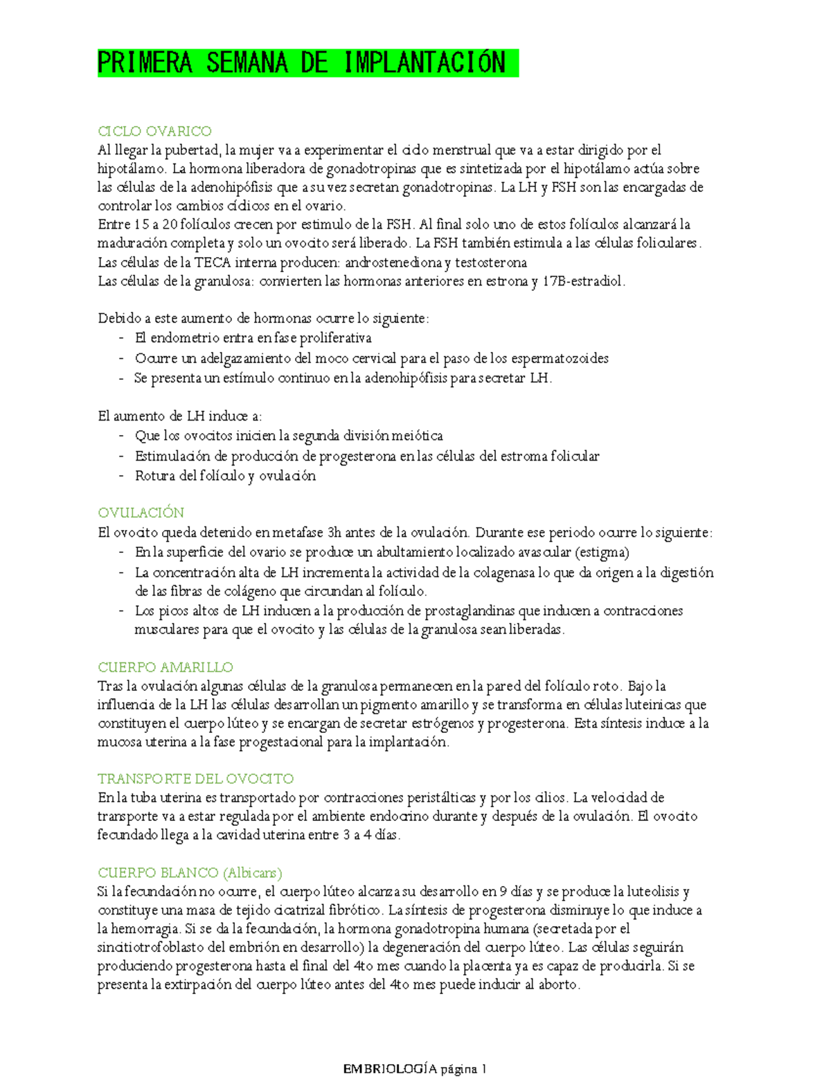 Resumen de la Primera Semana de Embarazo - Embriología - Studocu