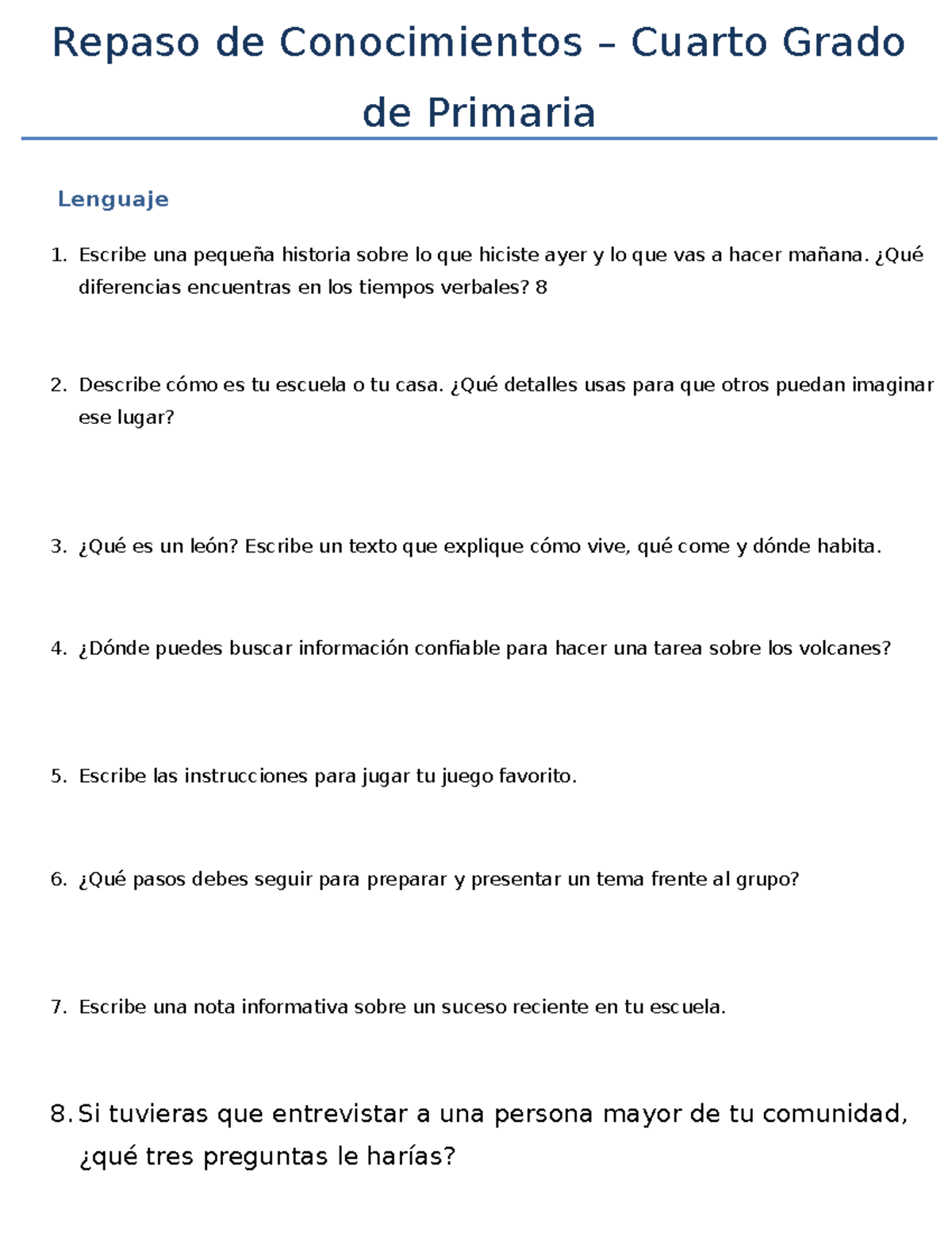 Examen Cuarto Grado: Preguntas por Tema de Lenguaje y Ciencias - Studocu