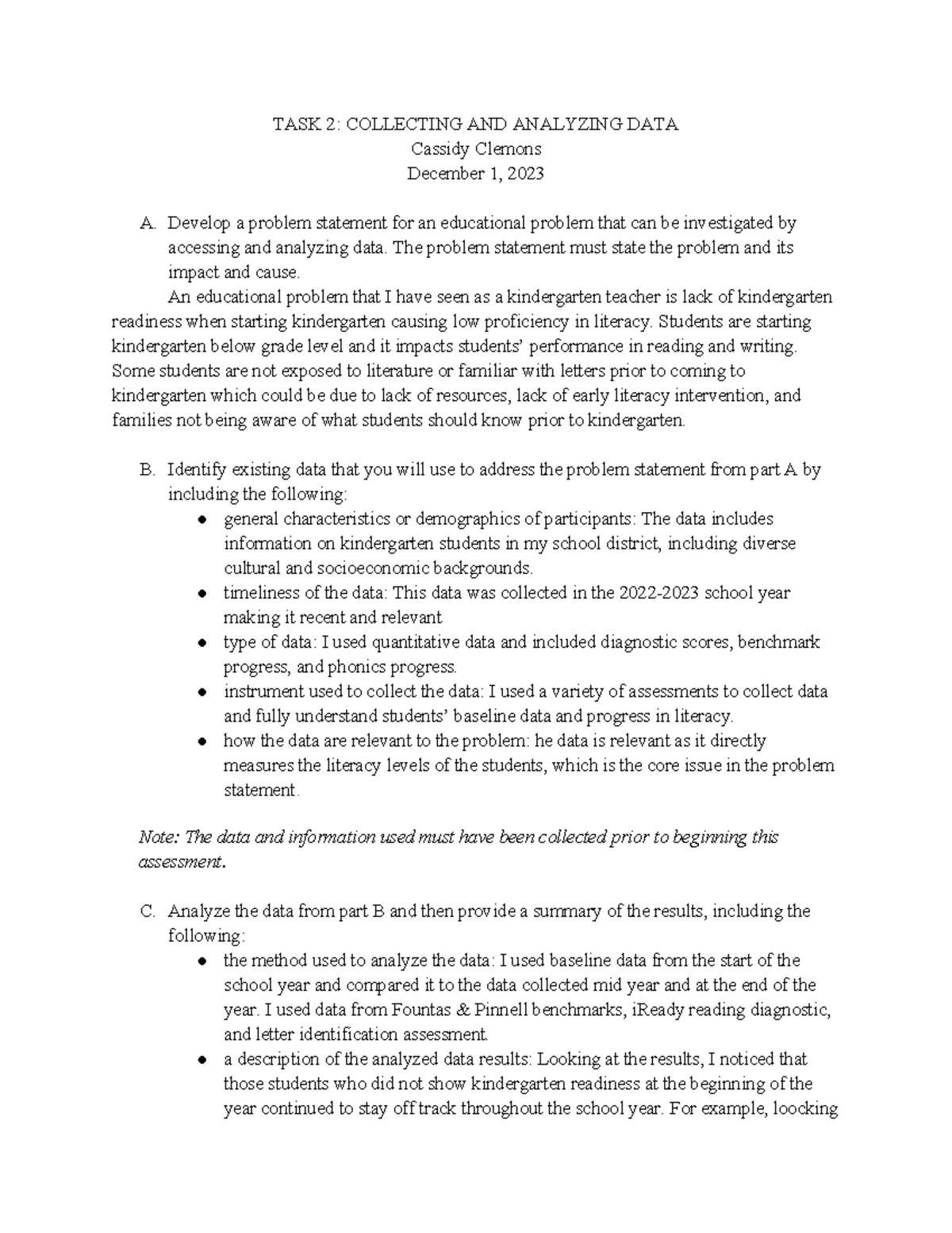 TASK 2: Analyzing Data on Kindergarten Readiness and Literacy - Studocu
