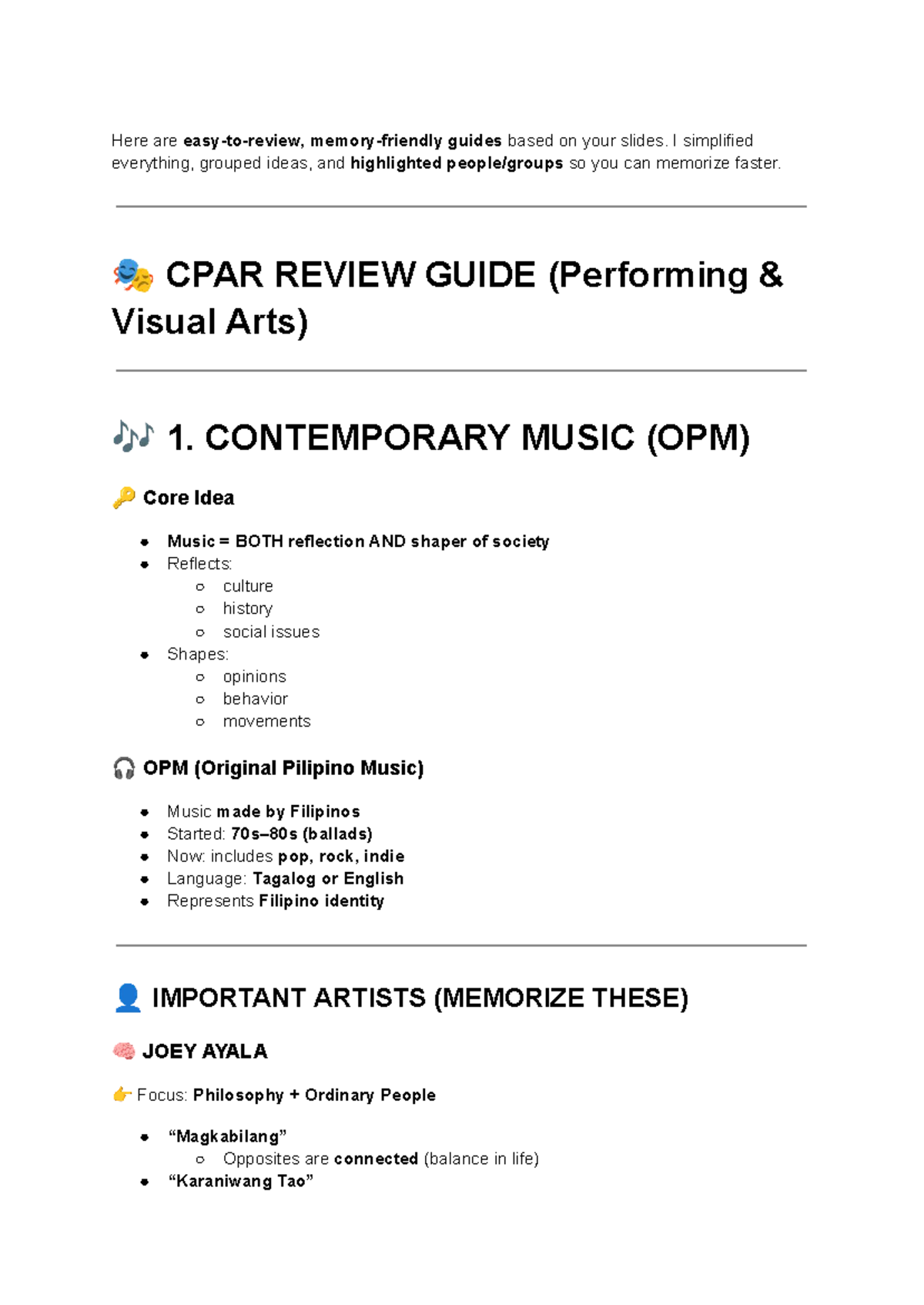 CPAR REVIEW GUIDE: Contemporary Music, Dance & Visual Arts - Studocu