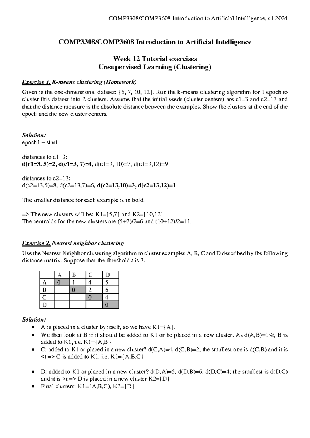 COMP3308/COMP3608 Week 12 AI Tutorial: Clustering Solutions - Studocu