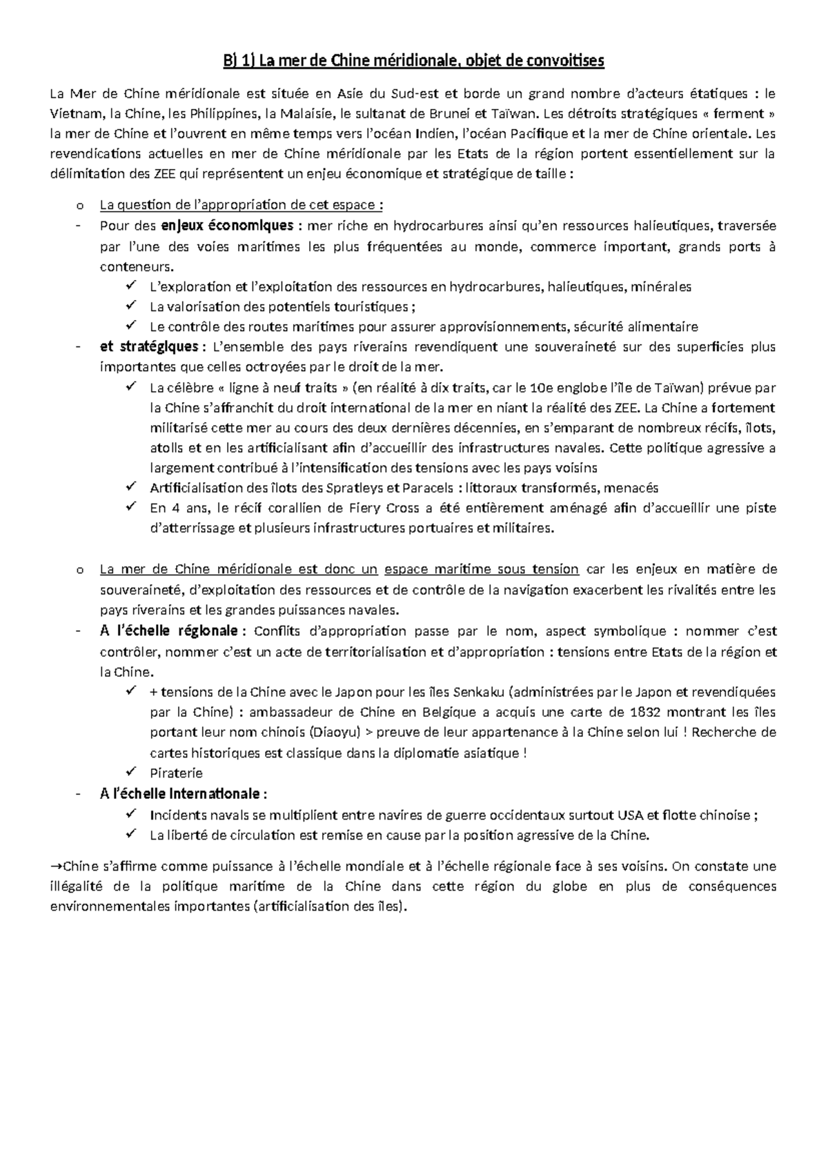 B) 1) La Mer de Chine Méridionale : Enjeux et Tensions Régionales - Studocu
