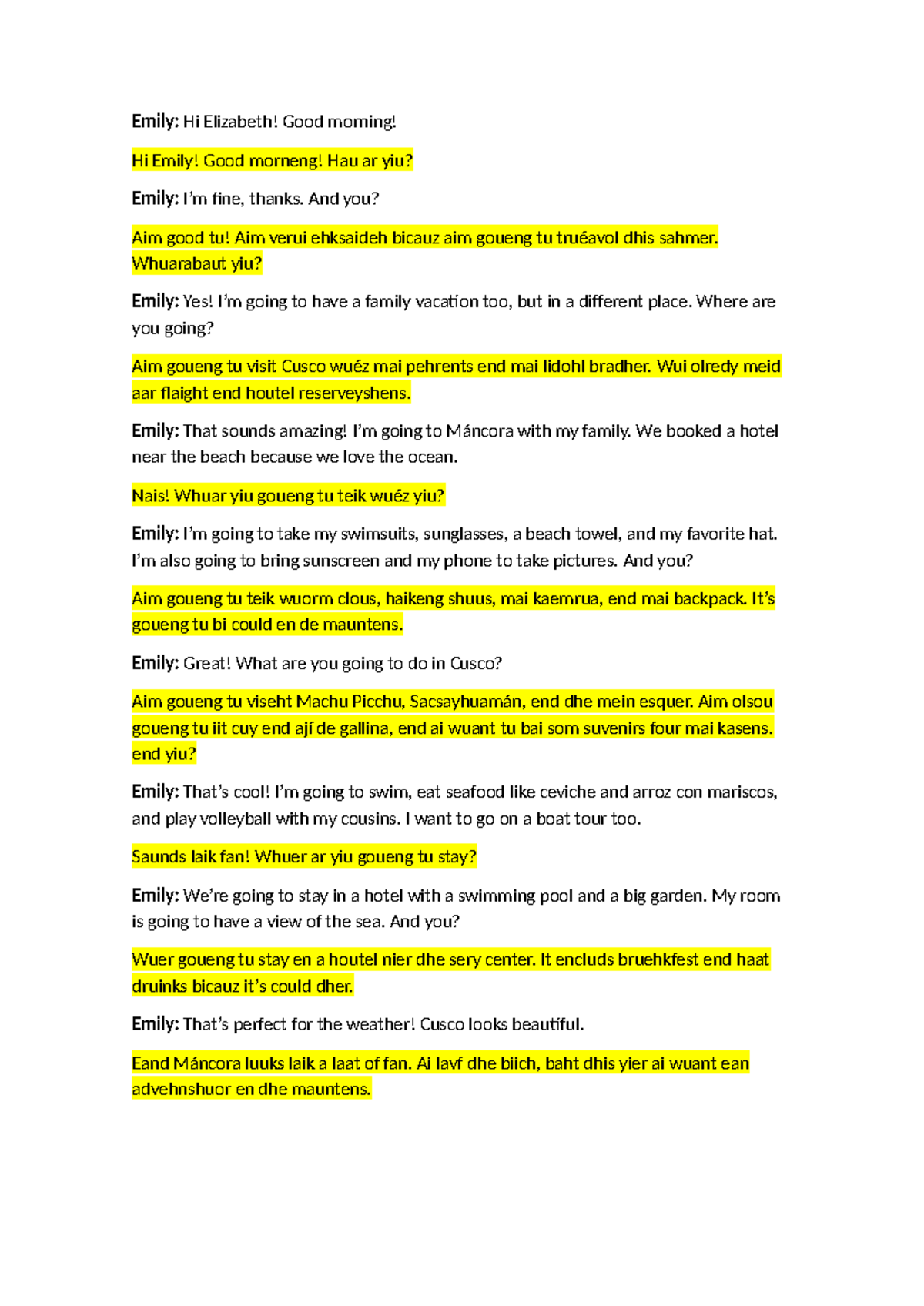 Semana 14 Guión: Conversación sobre Vacaciones y Destinos - Studocu