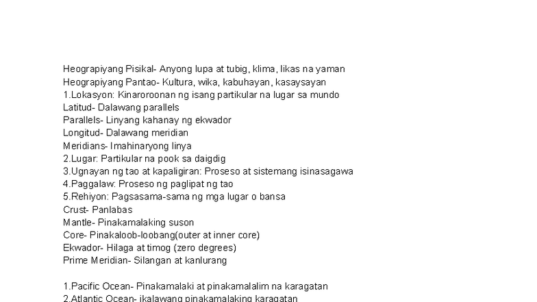 AP Heograpiya: Anyong Lupa, Tubig, at Klima sa Unang Kwarter - Studocu