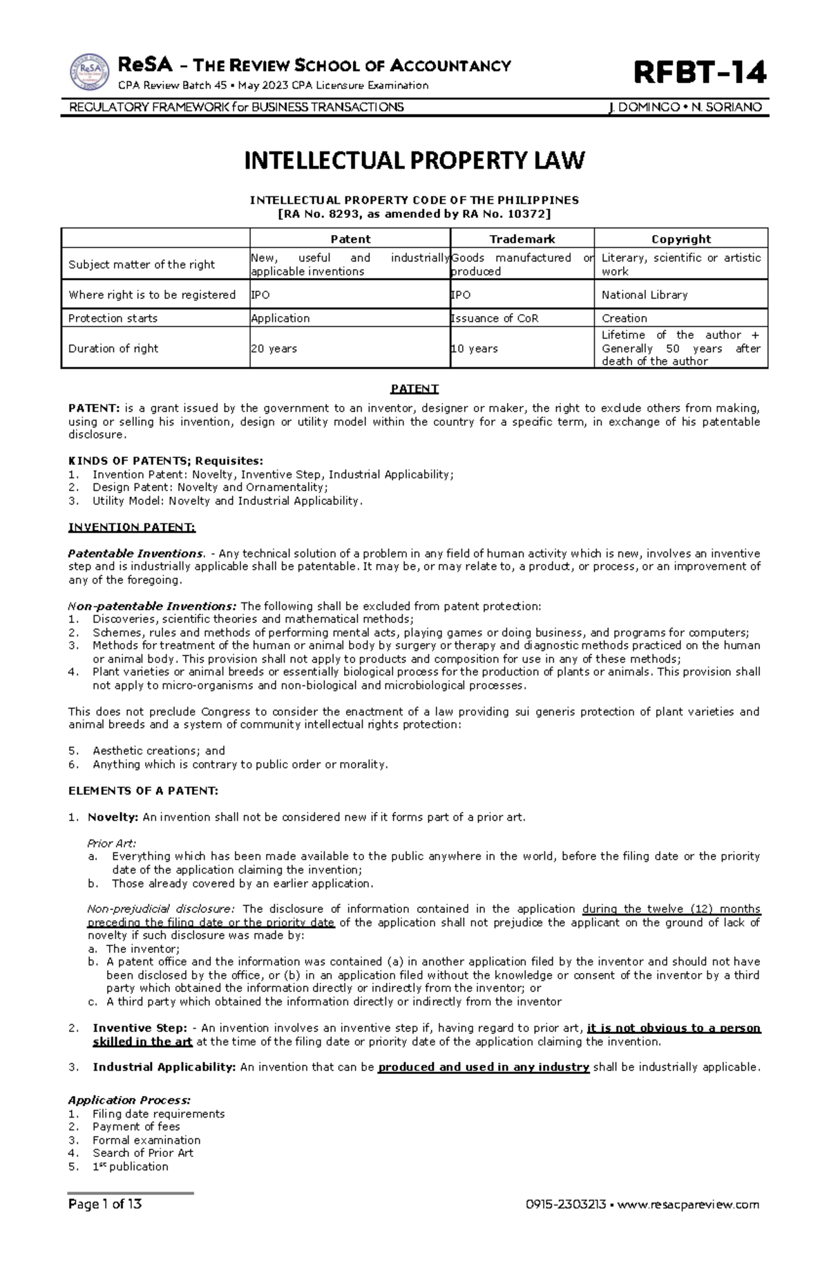 ReSA CPA Review Batch 45: Intellectual Property Law Overview - Studocu