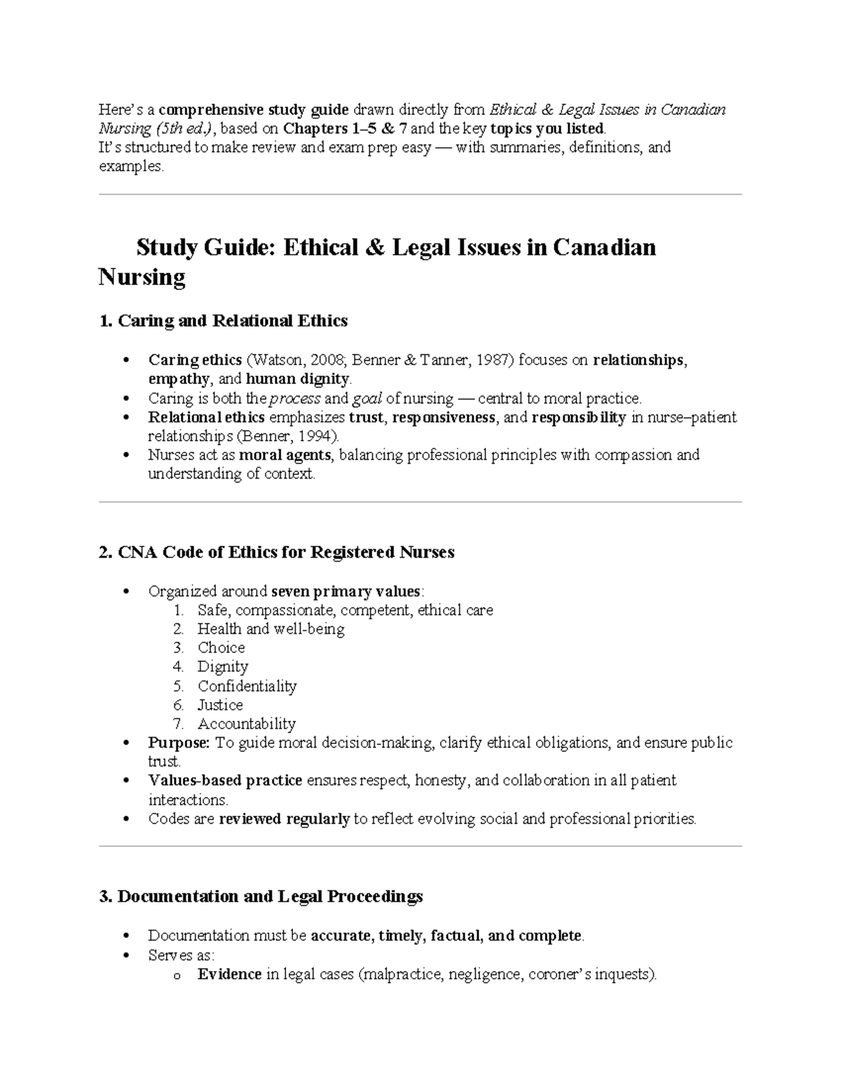 Study Guide: Ethical & Legal Issues in Canadian Nursing (NURS 101 ...