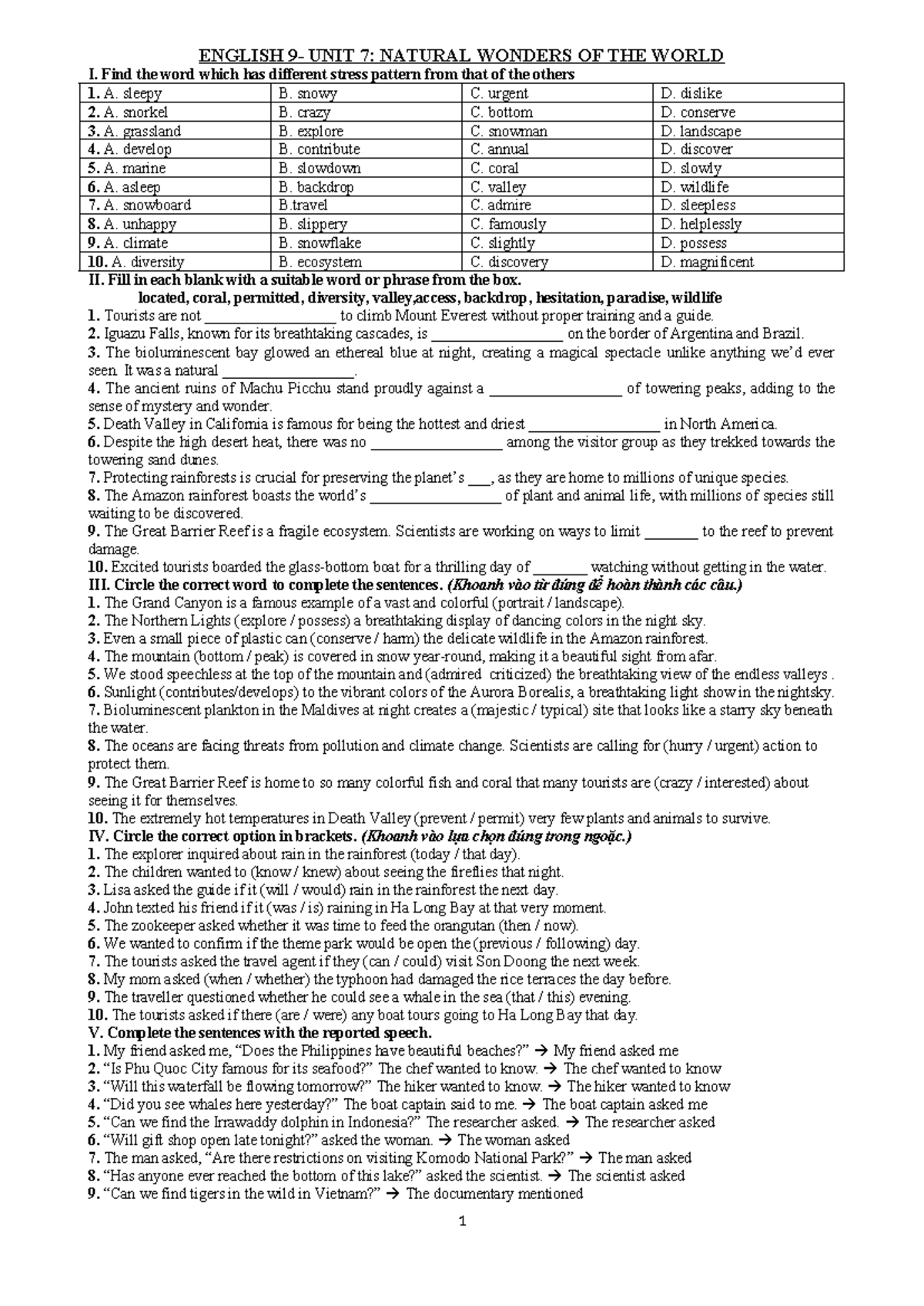 ENGLISH 9 UNIT 7: NATURAL WONDERS OF THE WORLD - REVIEW TEST - Studocu