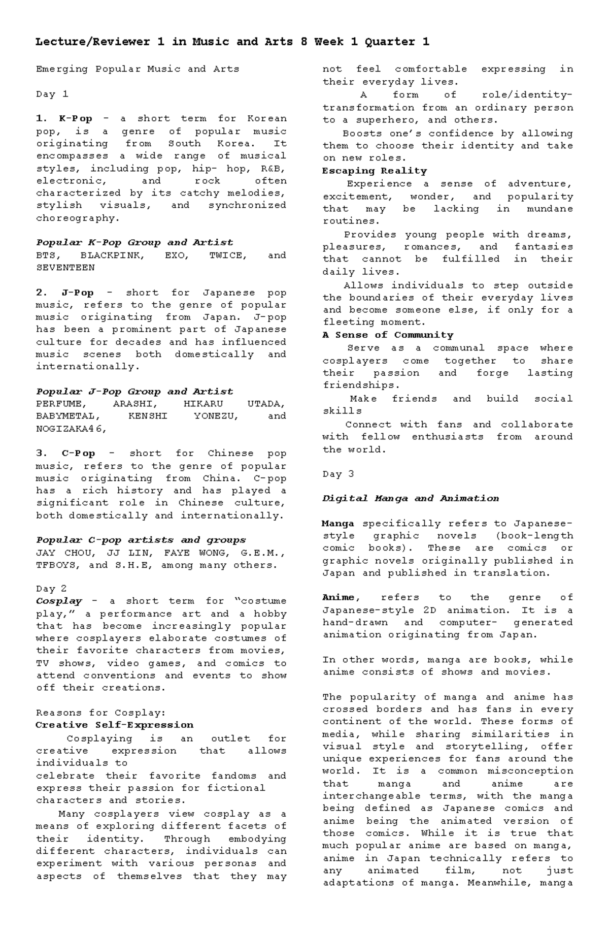 G8 Lecture Reviewer 1: M&A Q1 on Emerging Popular Music & Arts - Studocu