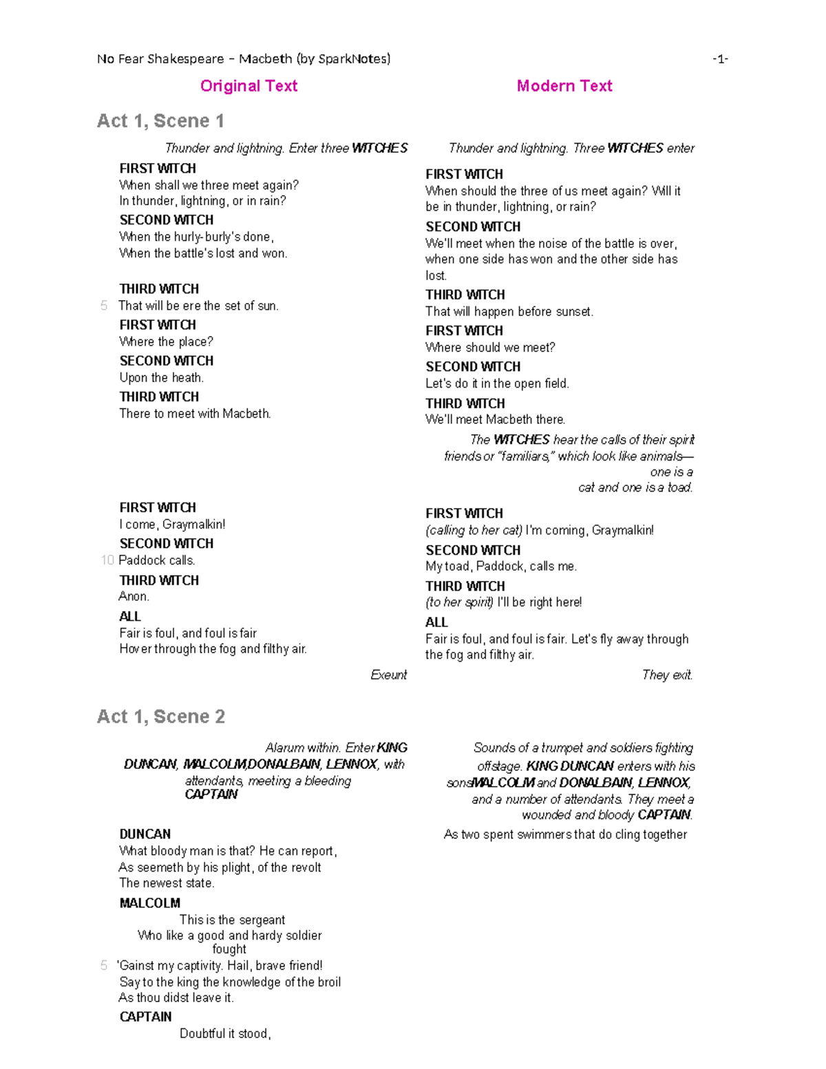 No Fear Shakespeare: Macbeth Act 1 Script Analysis - Studocu