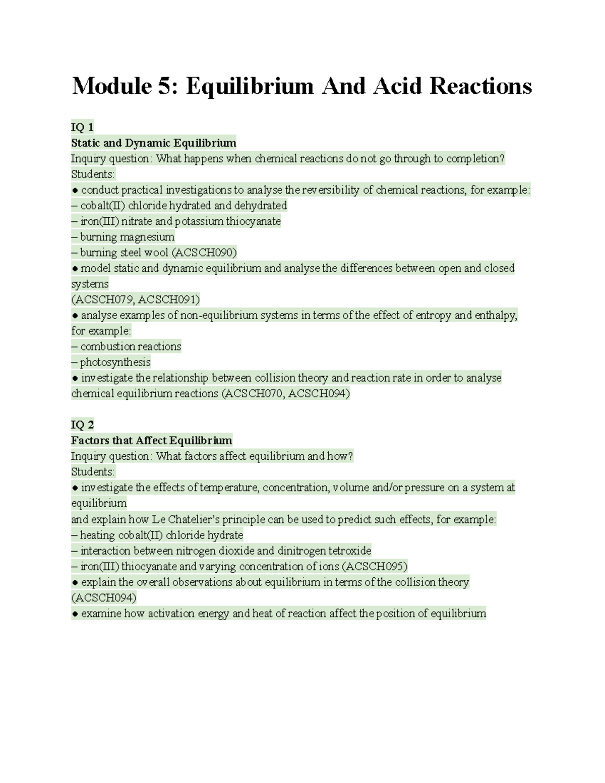 HSC Chemistry Syllabus - Module 5: Equilibrium And Acid Reactions IQ 1 ...
