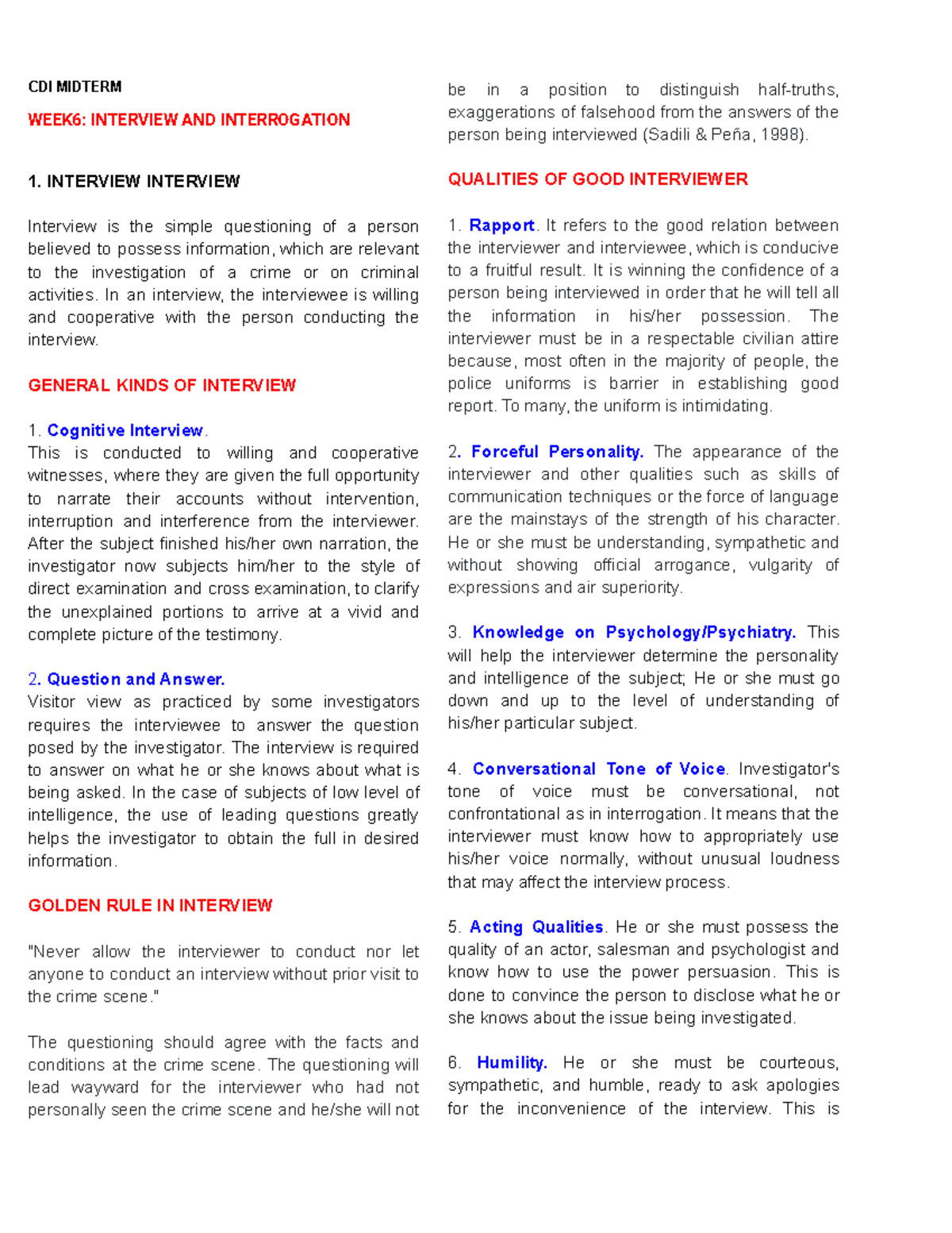 CDI MIDTERM WEEK 6: INTERVIEW & INTERROGATION TECHNIQUES - Studocu