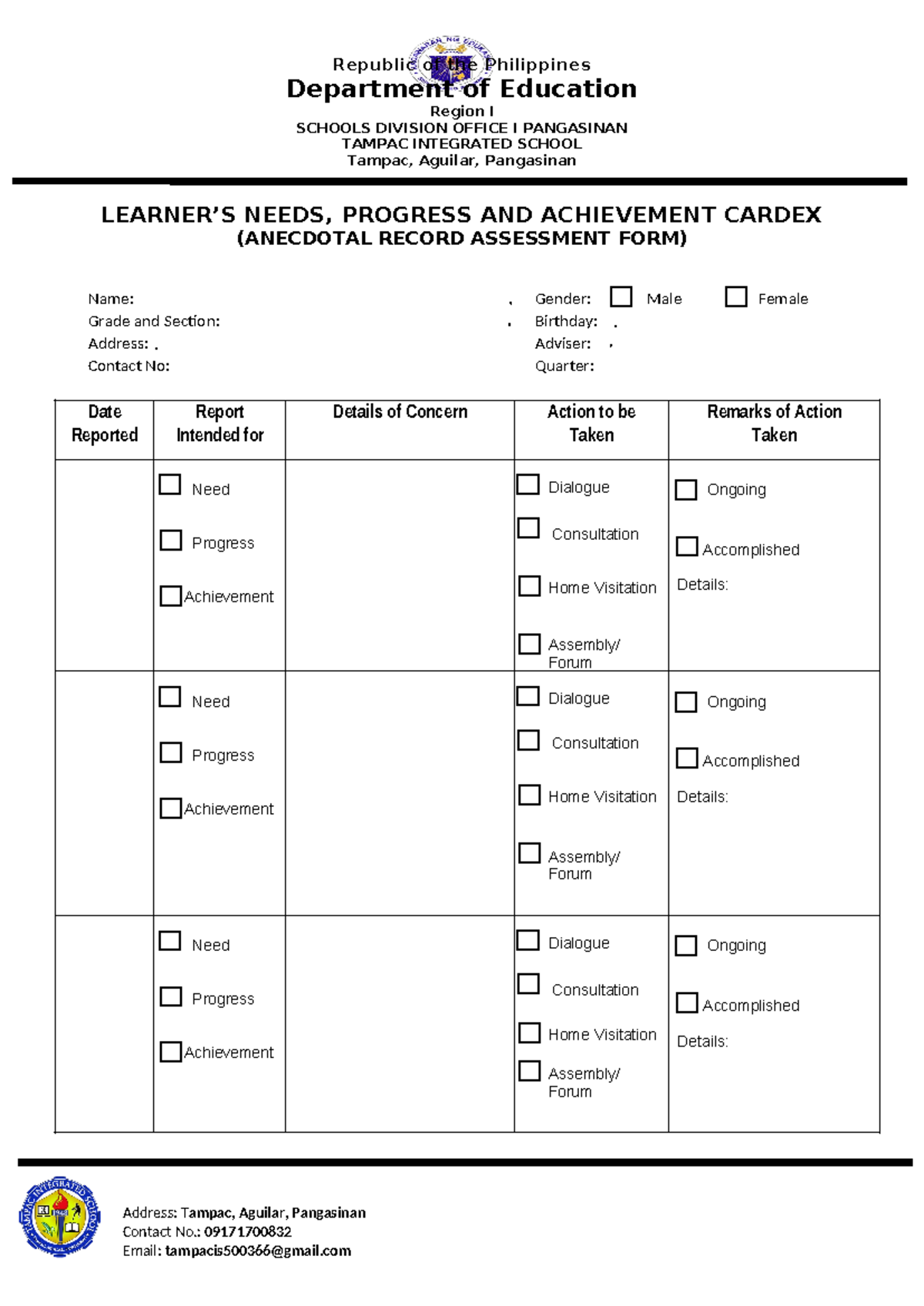 2023-2024 Anecdotal Record for Learner Needs & Progress Assessment ...