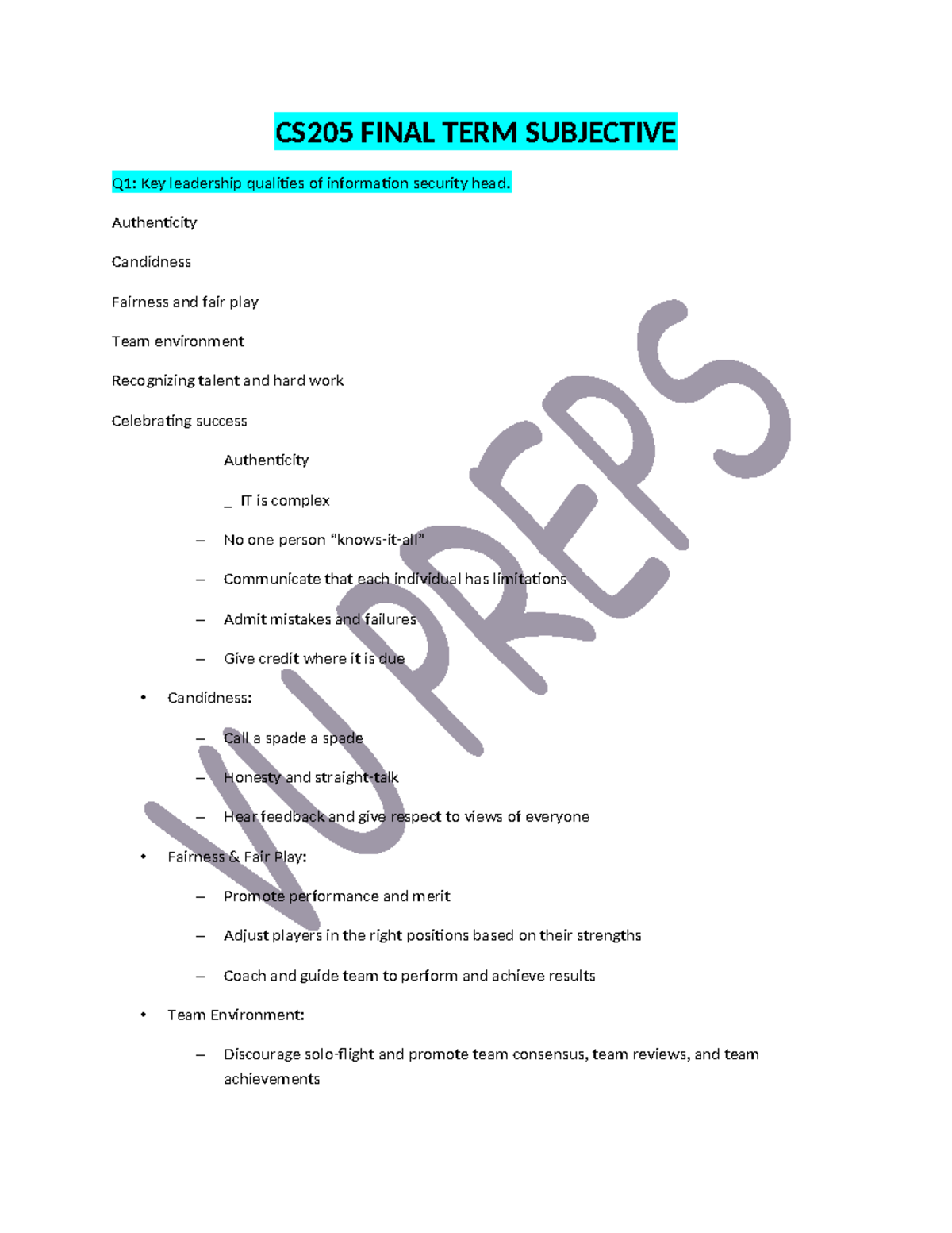 Cs205 final subj - CS205 FINAL TERM SUBJECTIVE Q1: Key leadership qualities of information ...