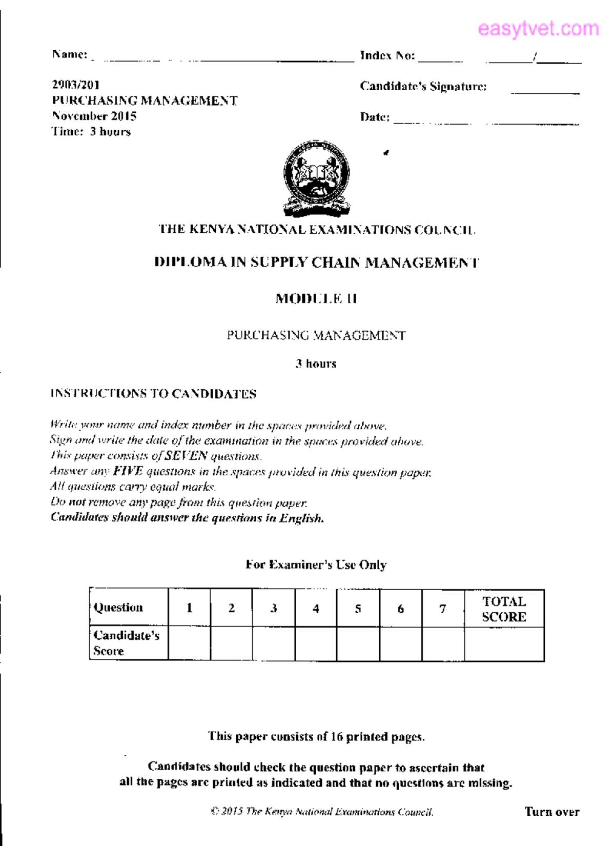 Purchasing Management Exam - Diploma in Supply Chain Management (2015 ...