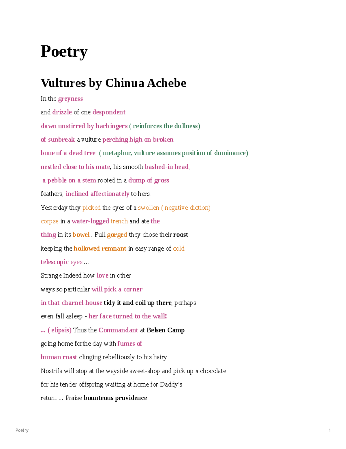 Poetry Analysis: Chinua Achebe's "Vultures" and Its Themes - Studocu