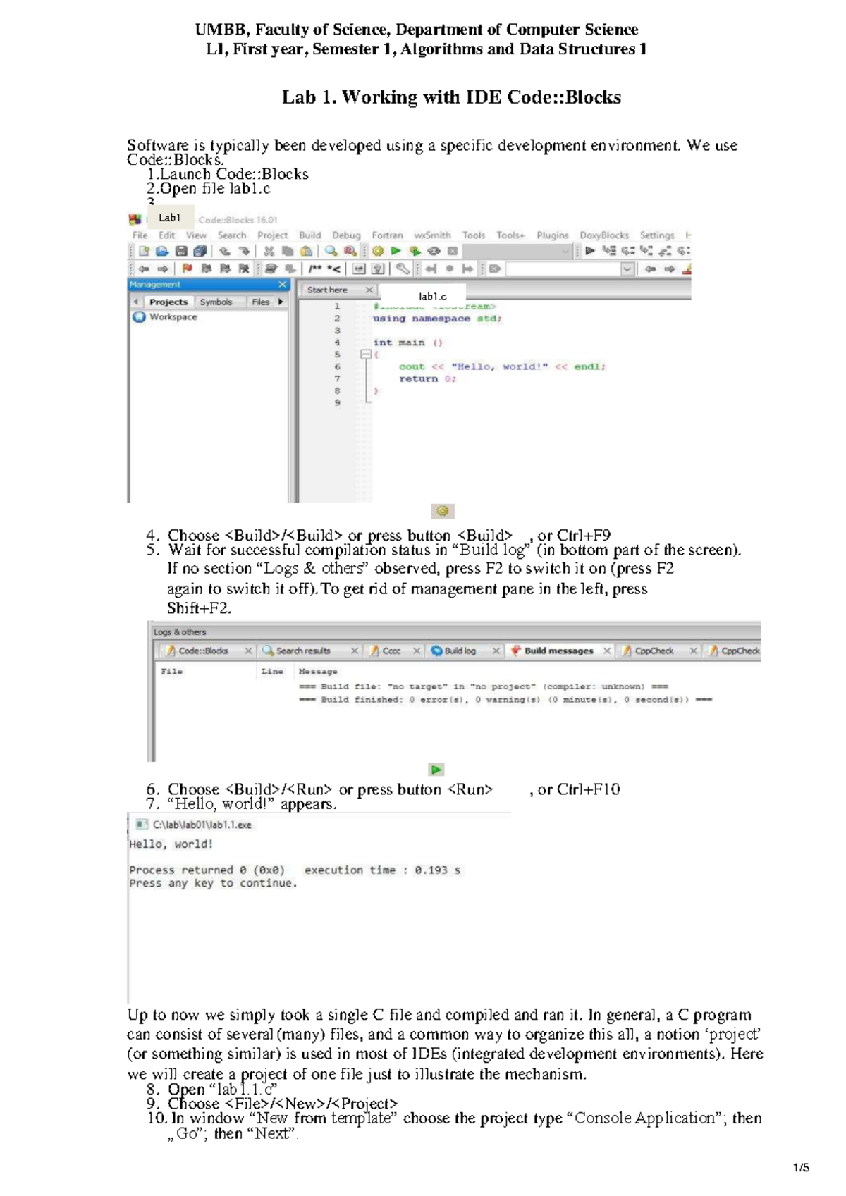 UMBB CS LI: Lab 1 - Introduction to Code::Blocks IDE - Studocu